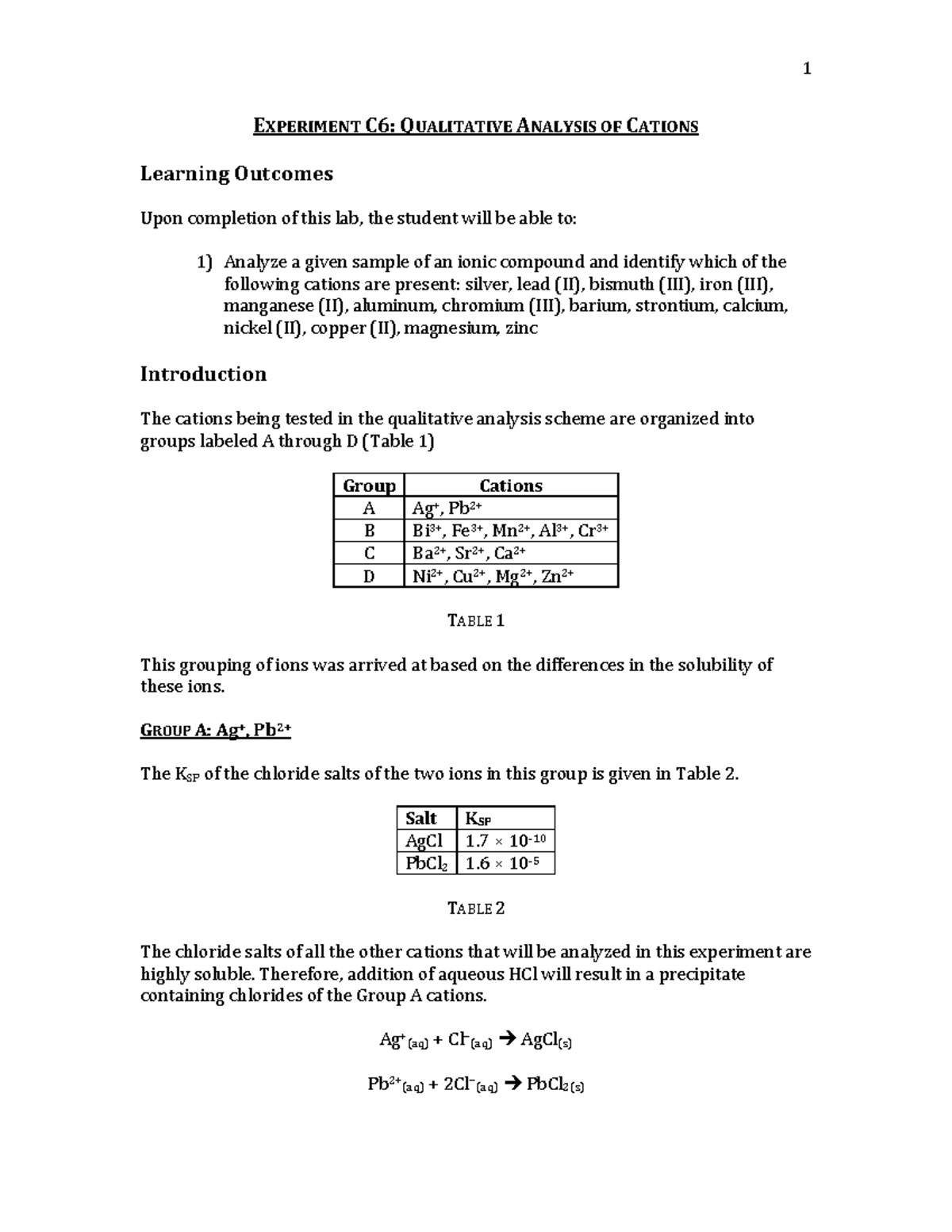 Experiment C6- Cations - E XPERIMENT C6: Q UALITATIVE A NALYSIS OF C ...
