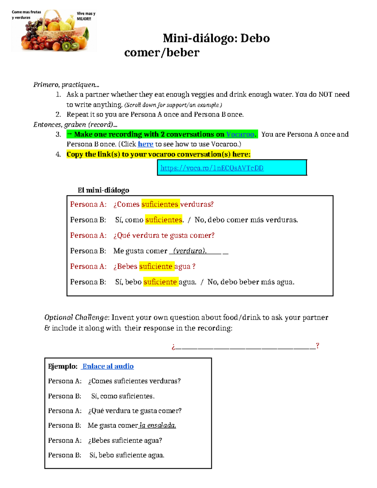 Beber - worksheet in snr eachus - Mini-diálogo: Debo comer/beber ...