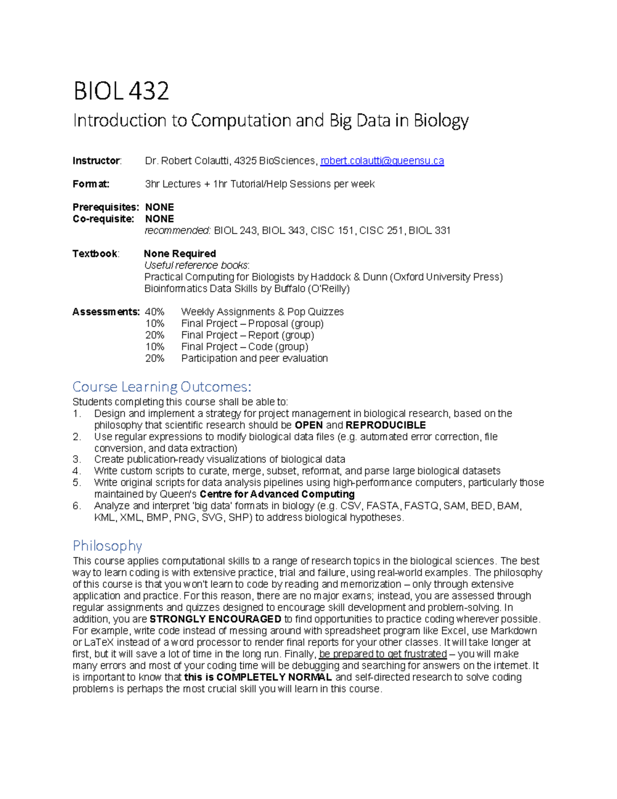 Bio computation outline - BIOL 43 2 Introduction to Computation and Big ...