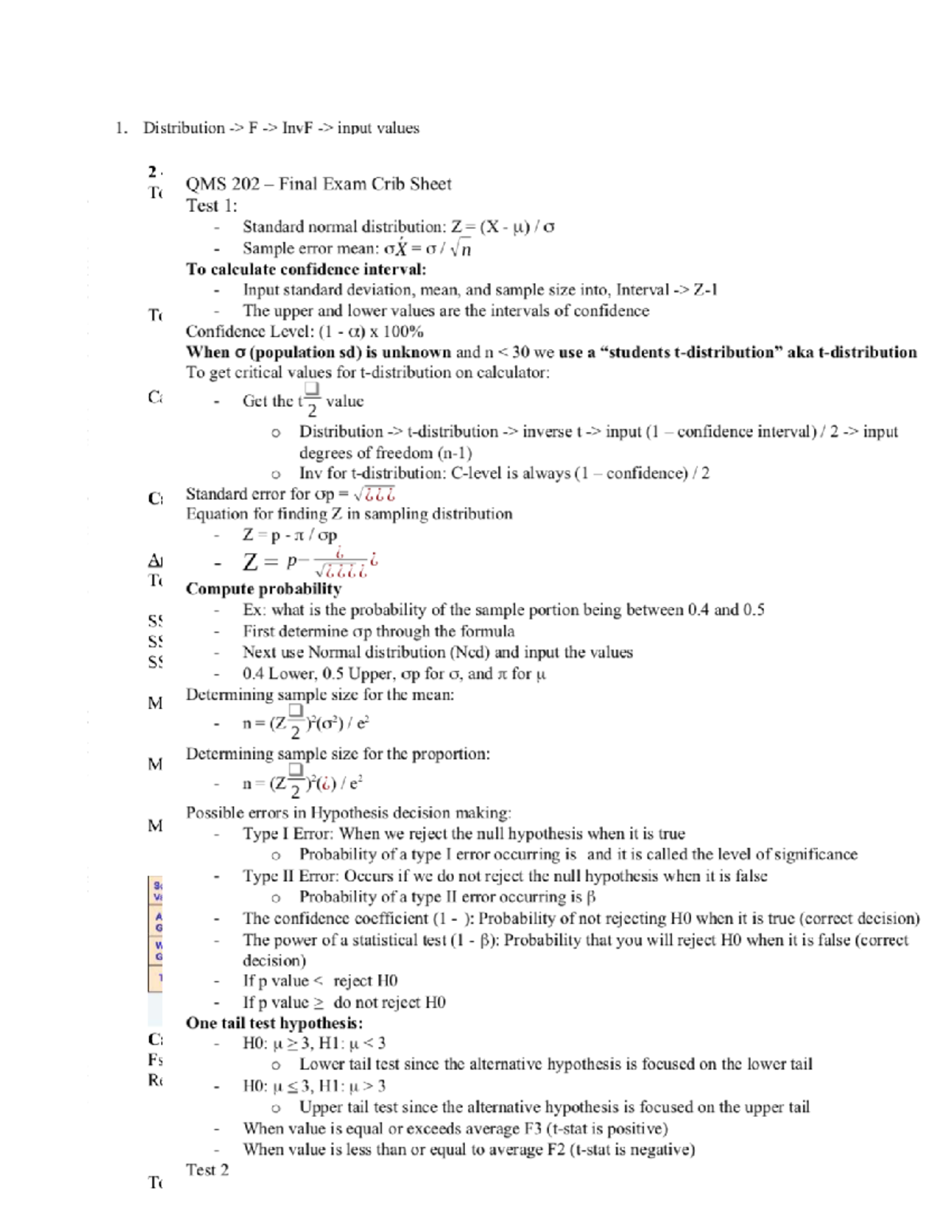 QMS202 Crib Sheet (Print 4 pages) - QMS 202 - Studocu