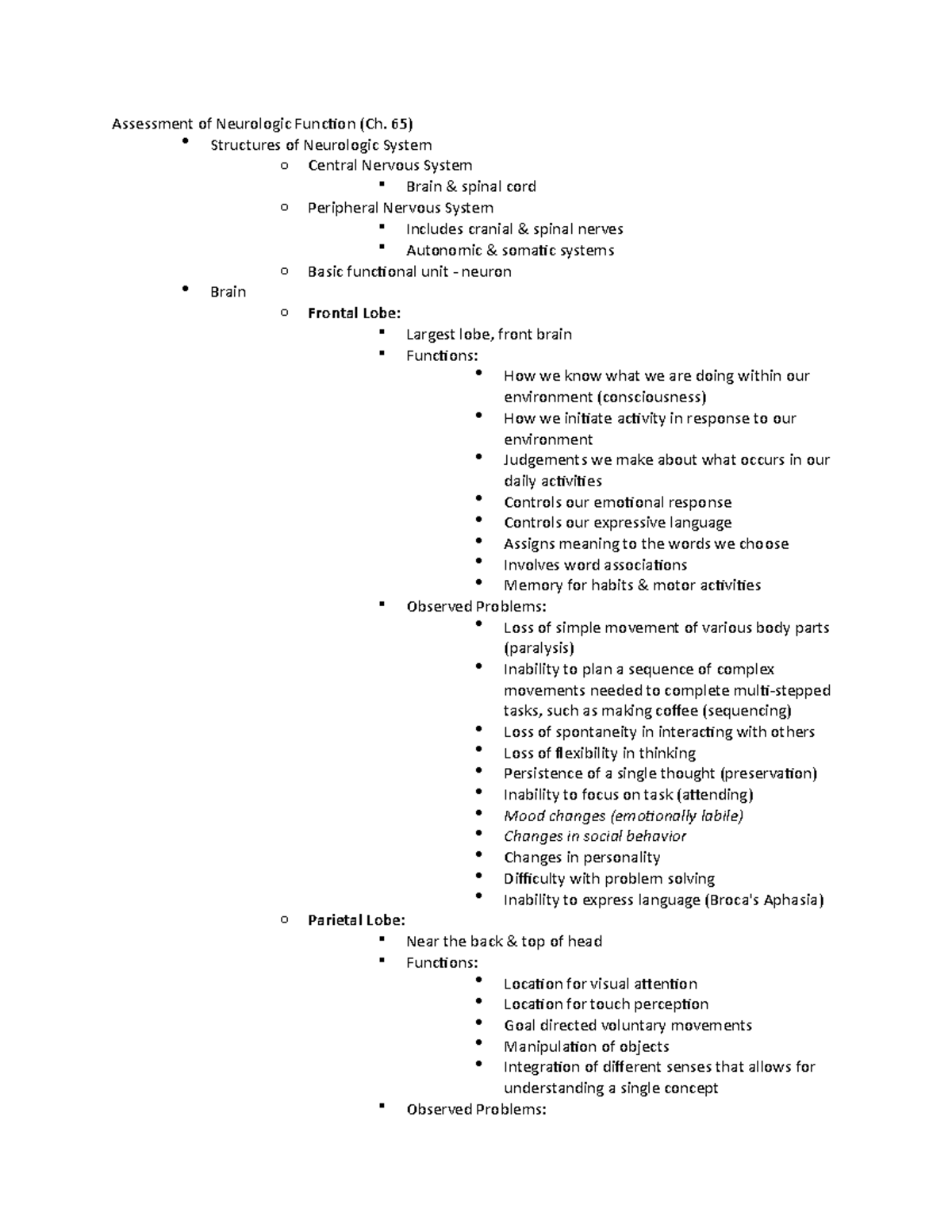 Neuro Assessment - Exam 4 - Assessment of Neurologic Funcion (Ch. 65 ...