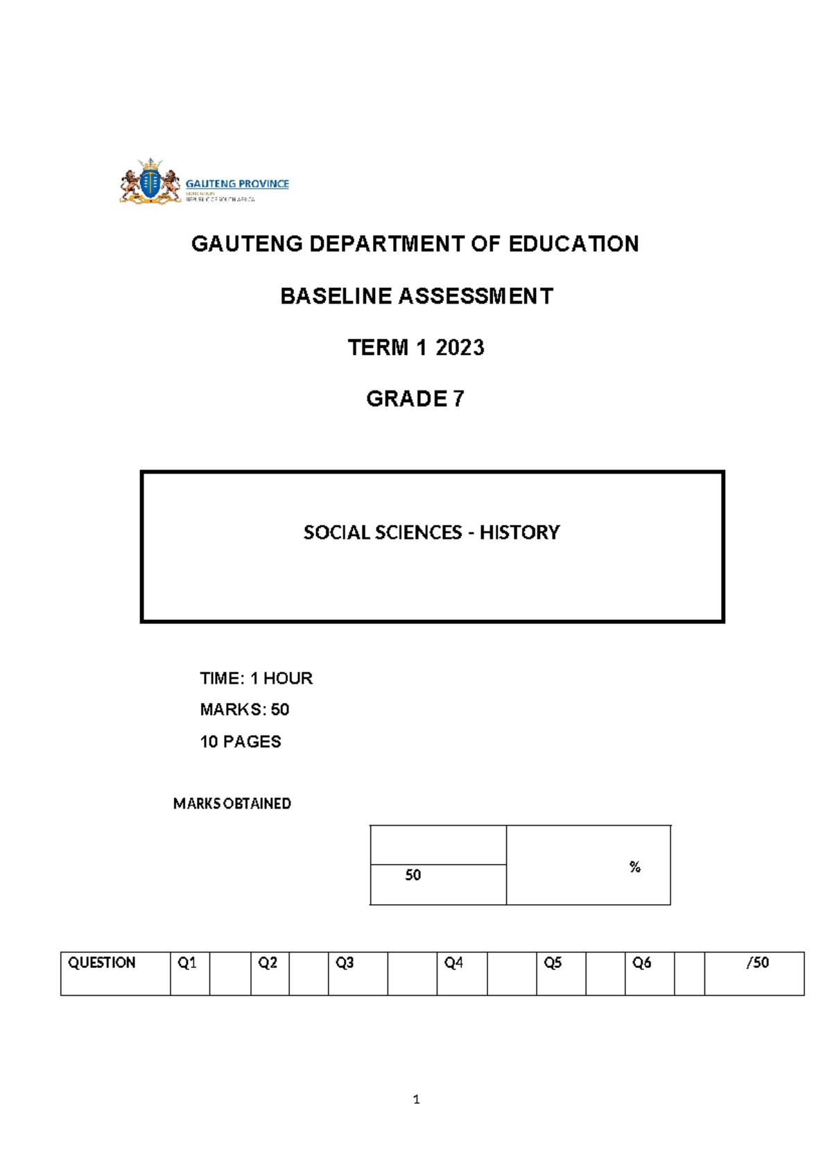 Baseline Assessment Grade 7 History - GAUTENG DEPARTMENT OF EDUCATION ...