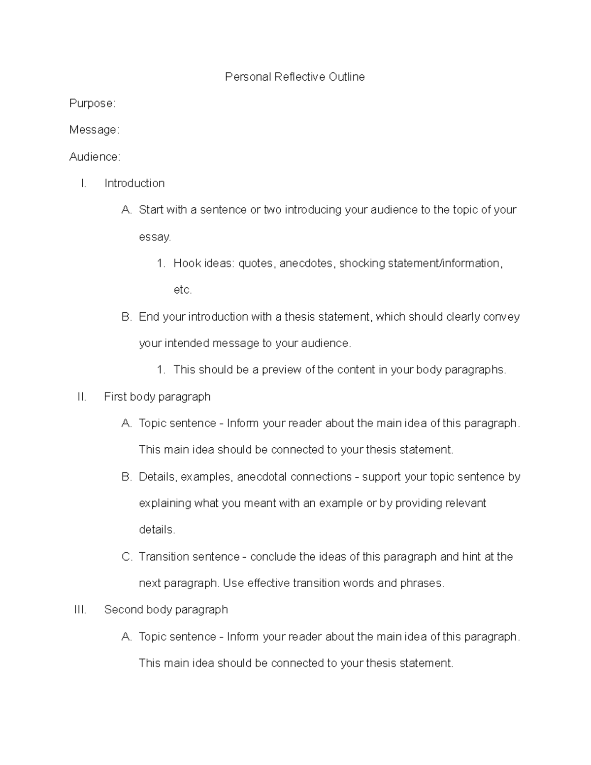 Sample Outline - Personal Reflective Outline Purpose: Message: Audience ...