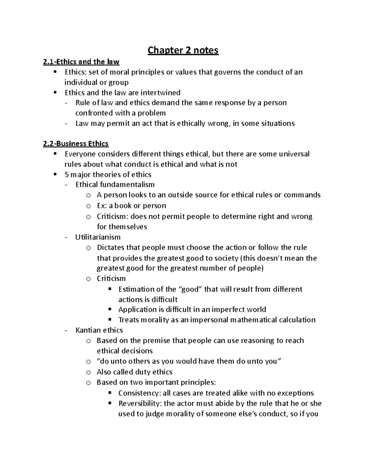 Ch 2 - Notes from chapter 2. - Chapter 2 notes 2-Ethics and the law ...