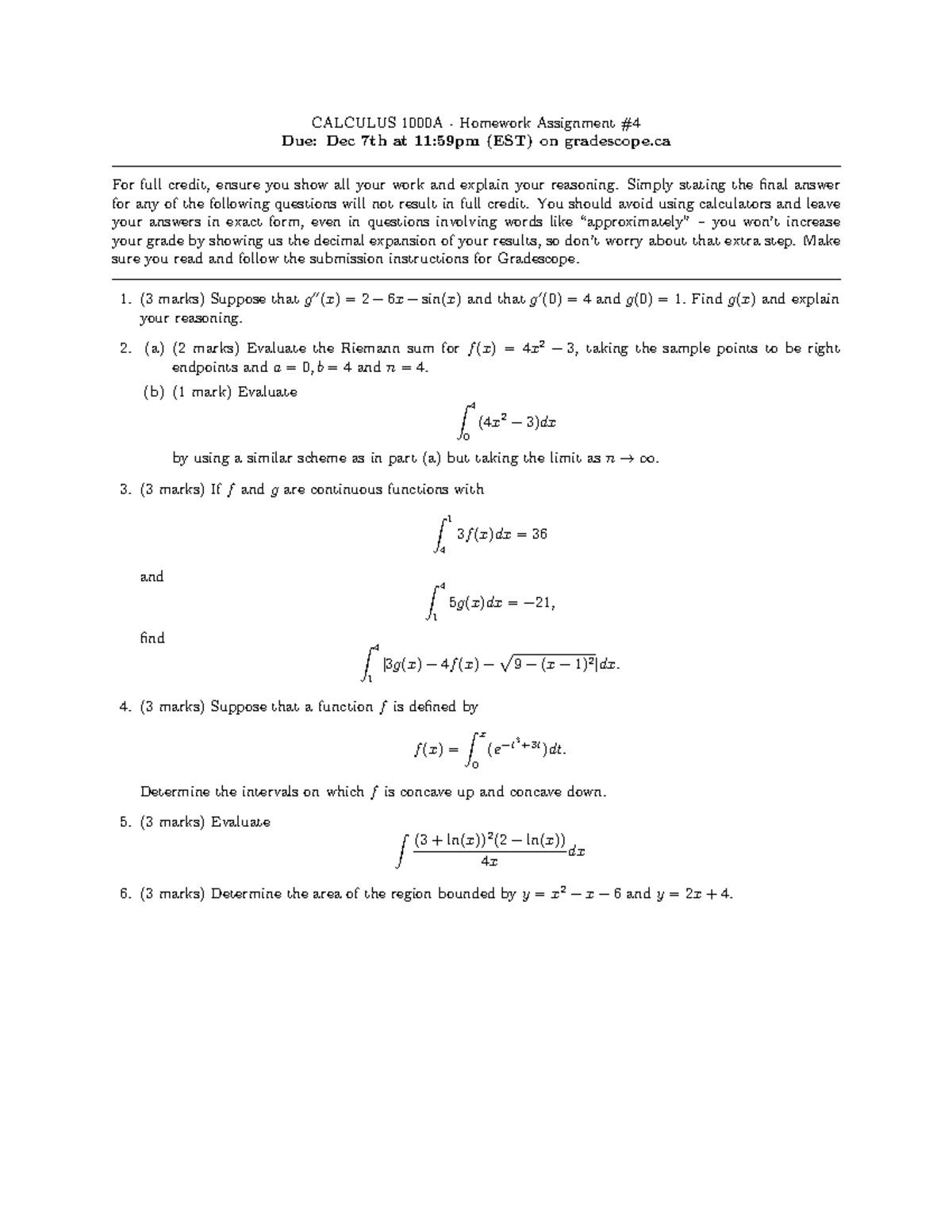 Calculus 1 the fourth assignment 2023 - CALCULUS 1000A - Homework Assignment # Due: Dec 7th at ...