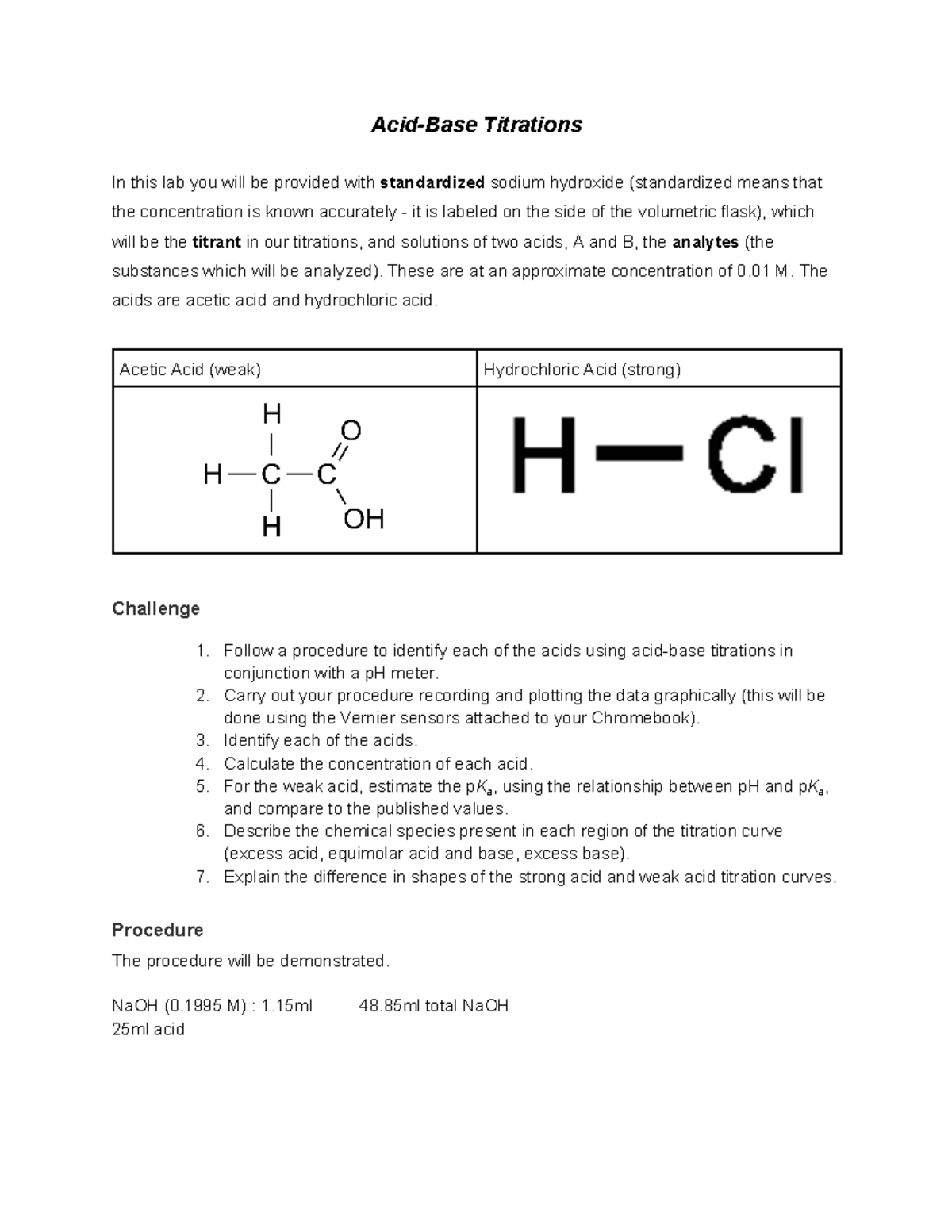 AP Chemistry Acid-Base Titration - Acid-Base Titrations In this lab you ...