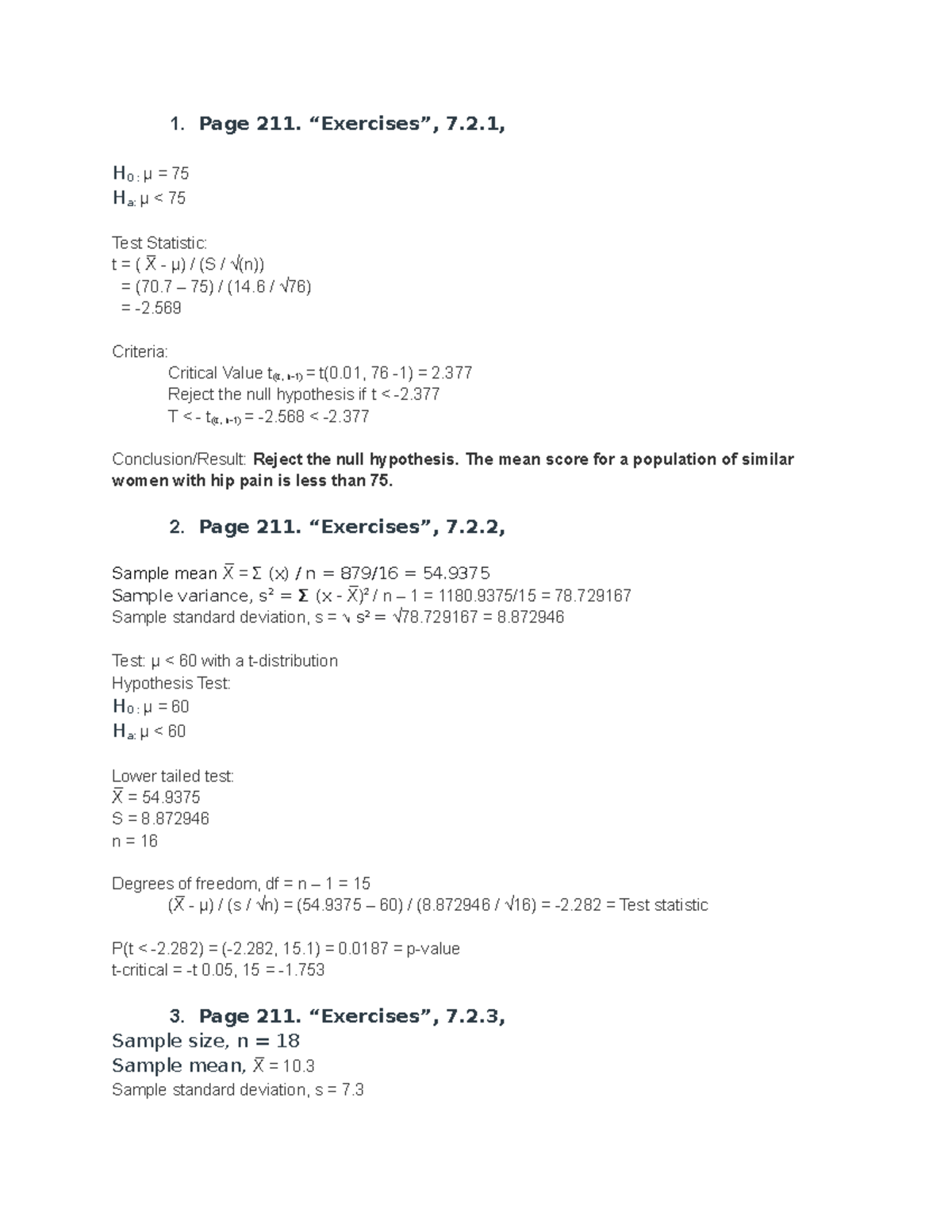Biostats Assignment VIII - 1. Page 211. “Exercises”, 7.2, H0 : μ = 75 Ha: μ