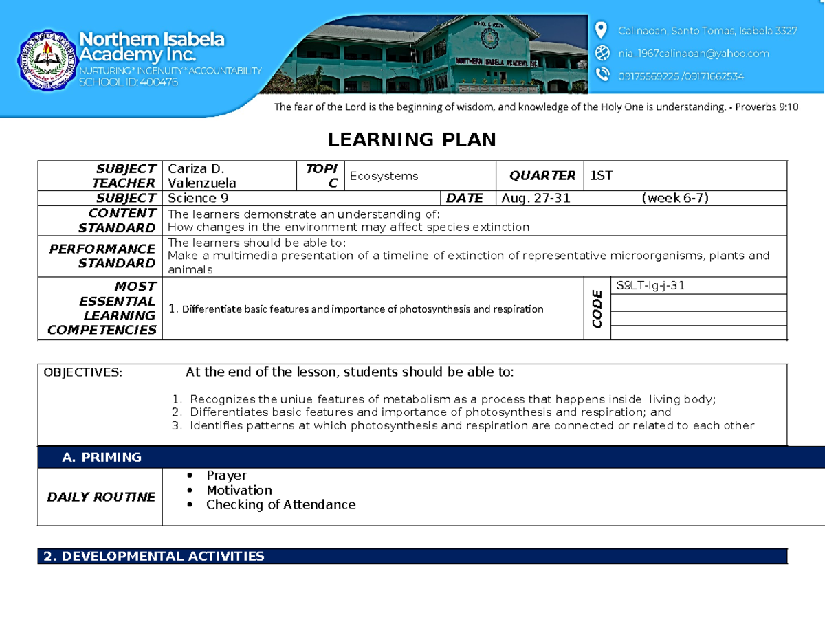 Sci9 - lesson plan - LEARNING PLAN SUBJECT TEACHER Cariza D. Valenzuela ...