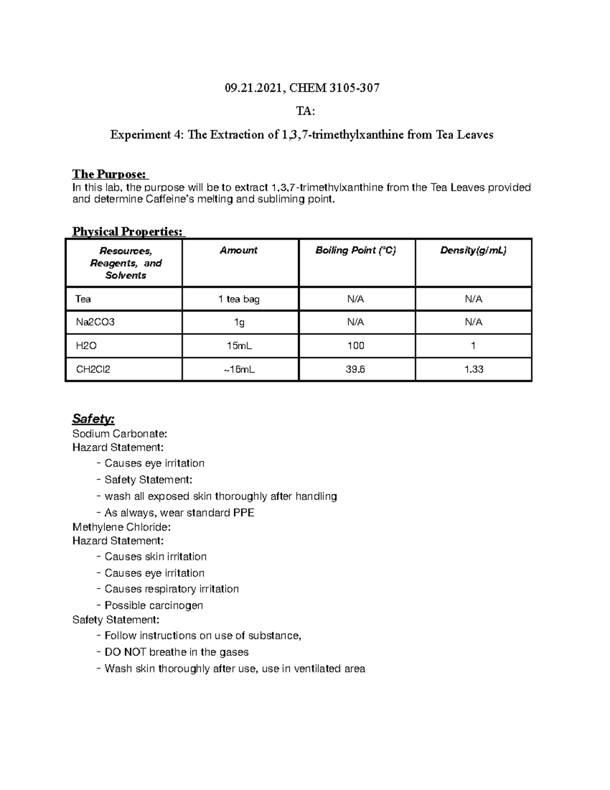 Experiment 4 Lab report - 09.21, CHEM 3105- TA: Experiment 4: The ...