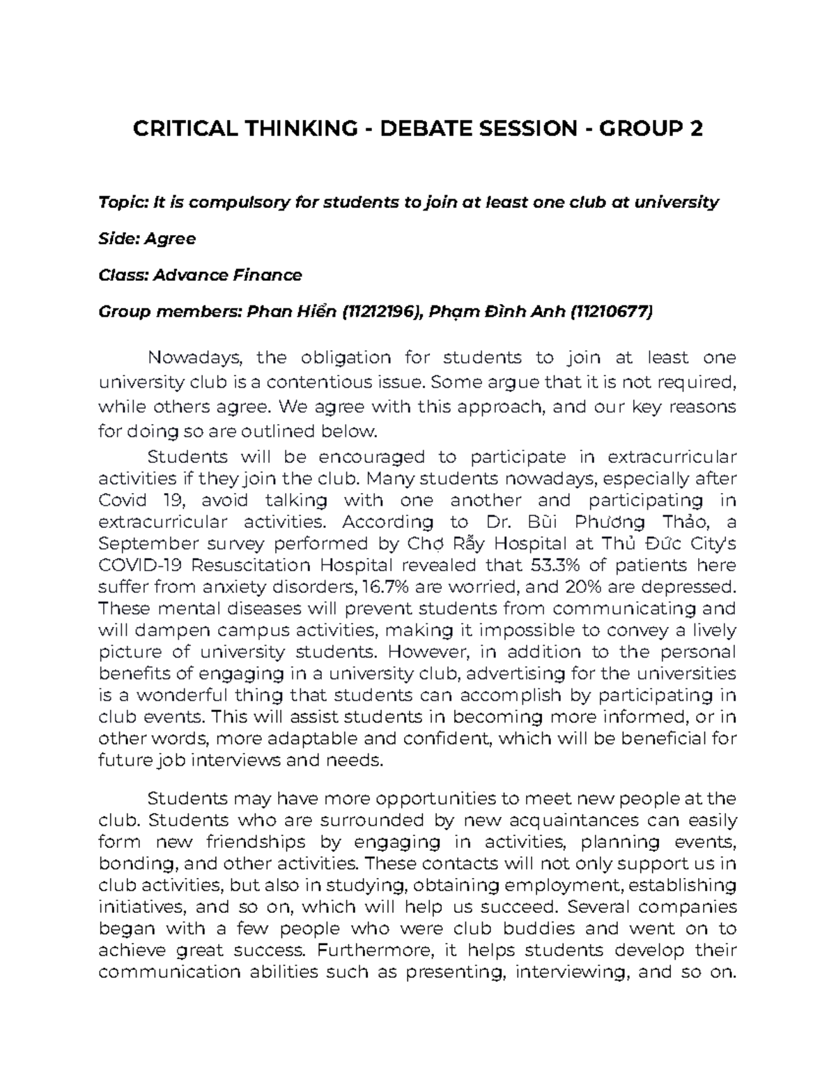 Critical thinking Essay - CRITICAL THINKING - DEBATE SESSION - GROUP 2 ...