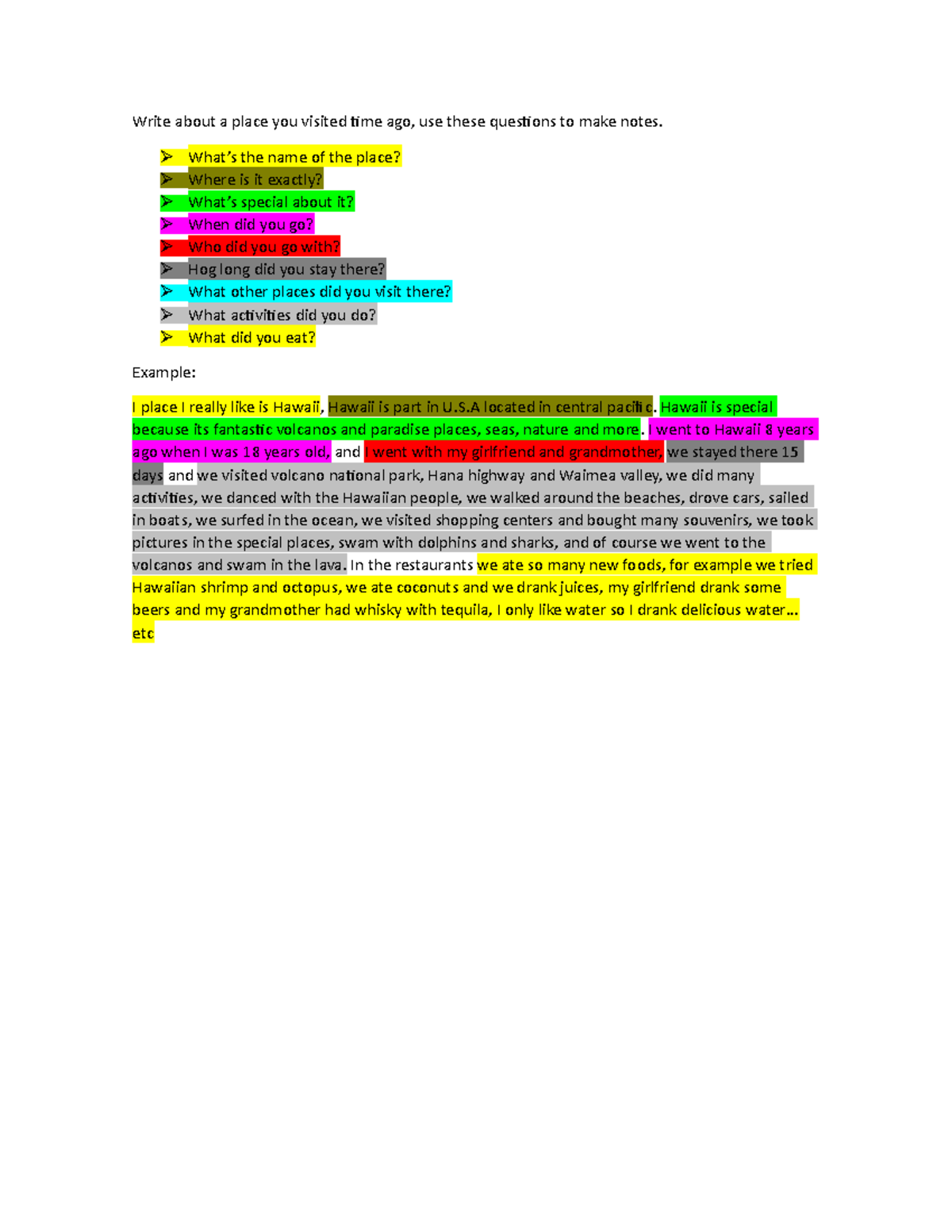 Activity simple past - Write about a place you visited time ago, use ...