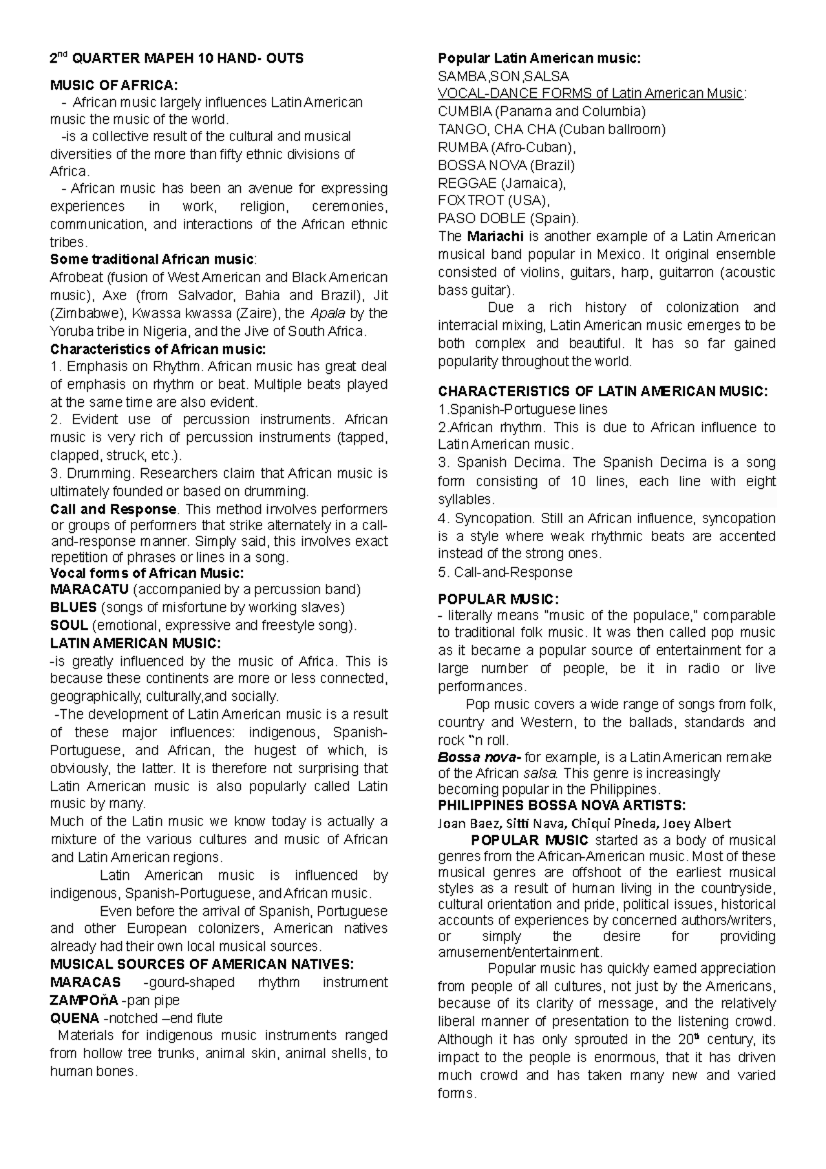 Handouts-2nd-grdg - XND - 2 nd QUARTER MAPEH 10 HAND- OUTS MUSIC OF ...