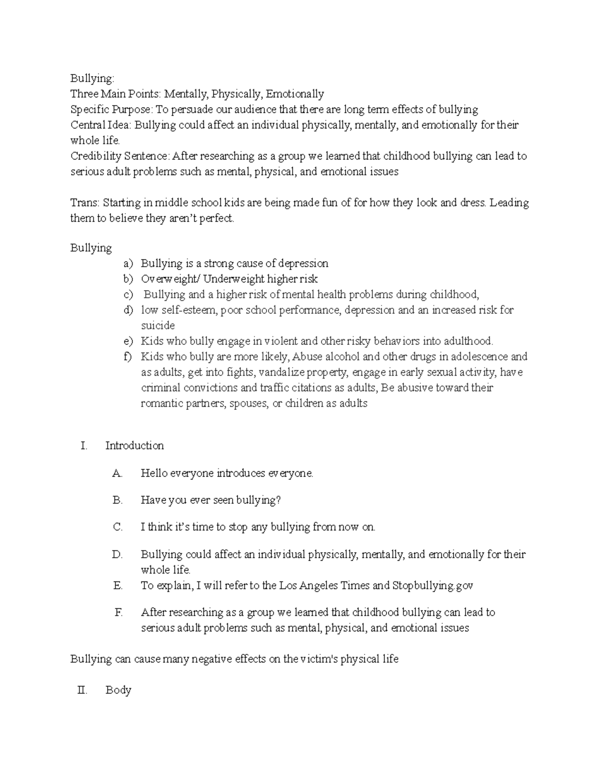 Bullying speech - Grade: B+ - Bullying: Three Main Points: Mentally ...