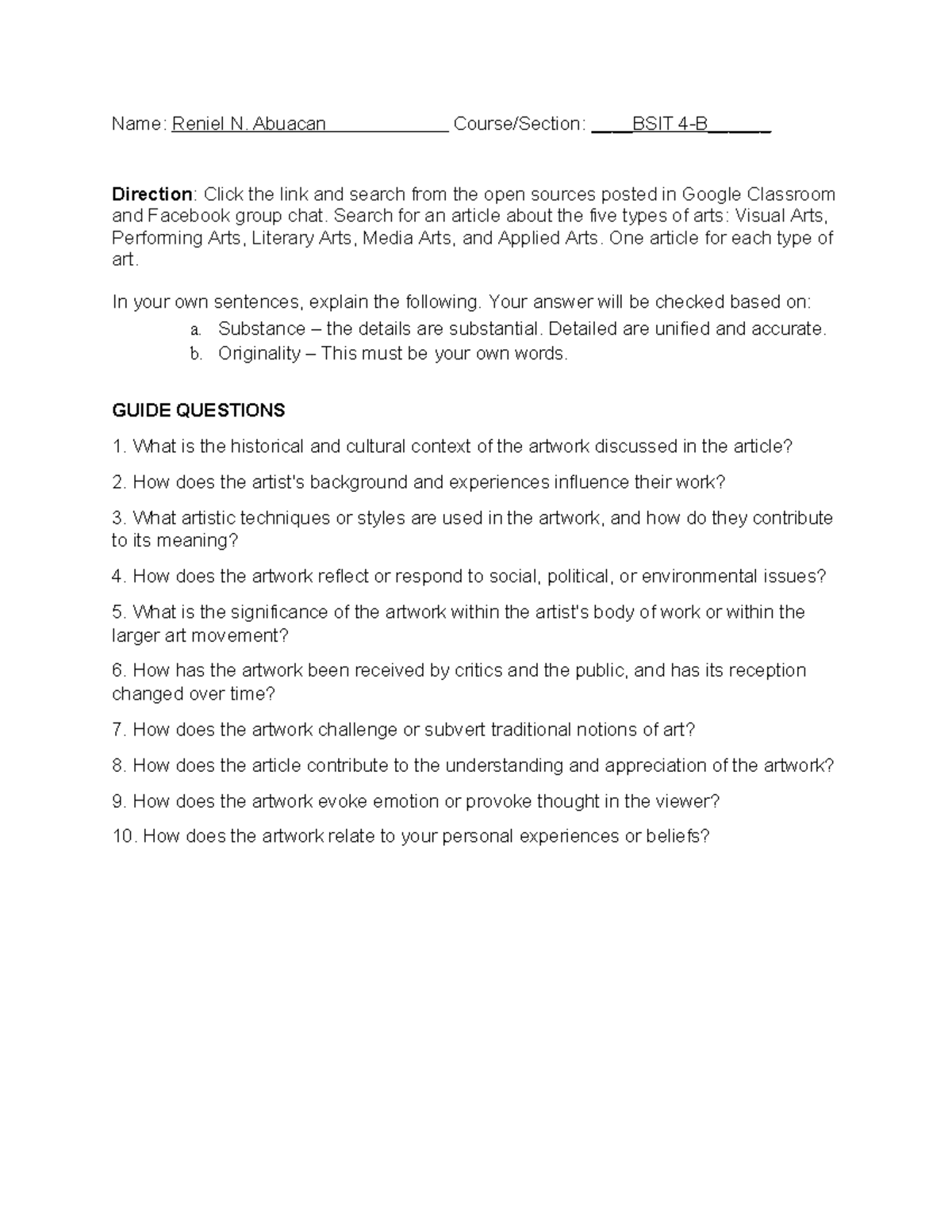 Abuacan Assignment 2 - activity - Name: Reniel N. Abuacan Course ...