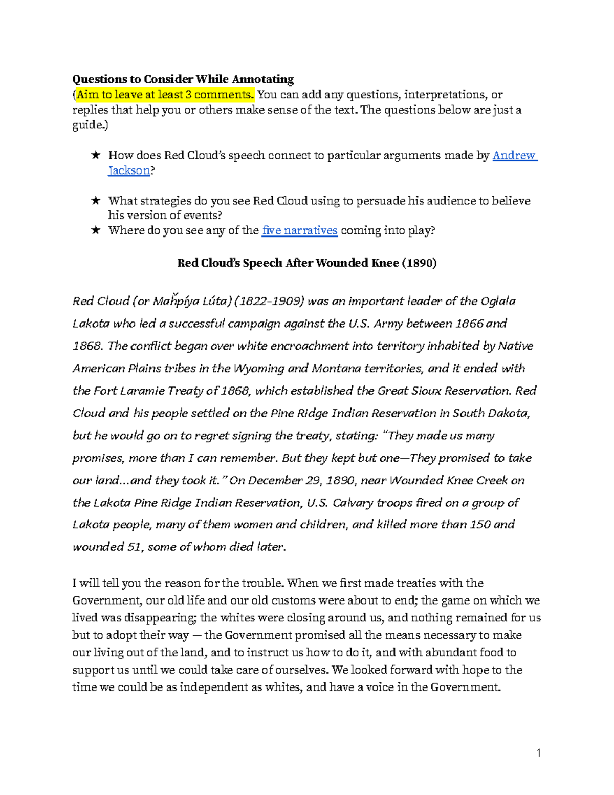 Copy of Red Cloud's Speech after Wounded Knee (1890) D Block ...