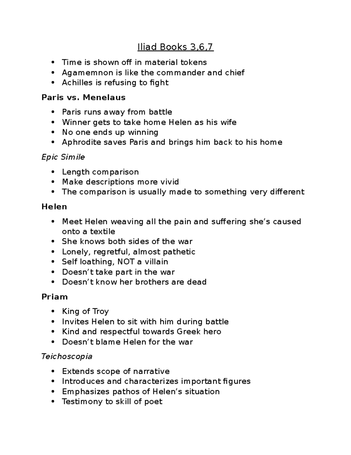 Iliad Books 3 - Lecture notes 3 - Iliad Books 3,6,7 Time is shown off ...