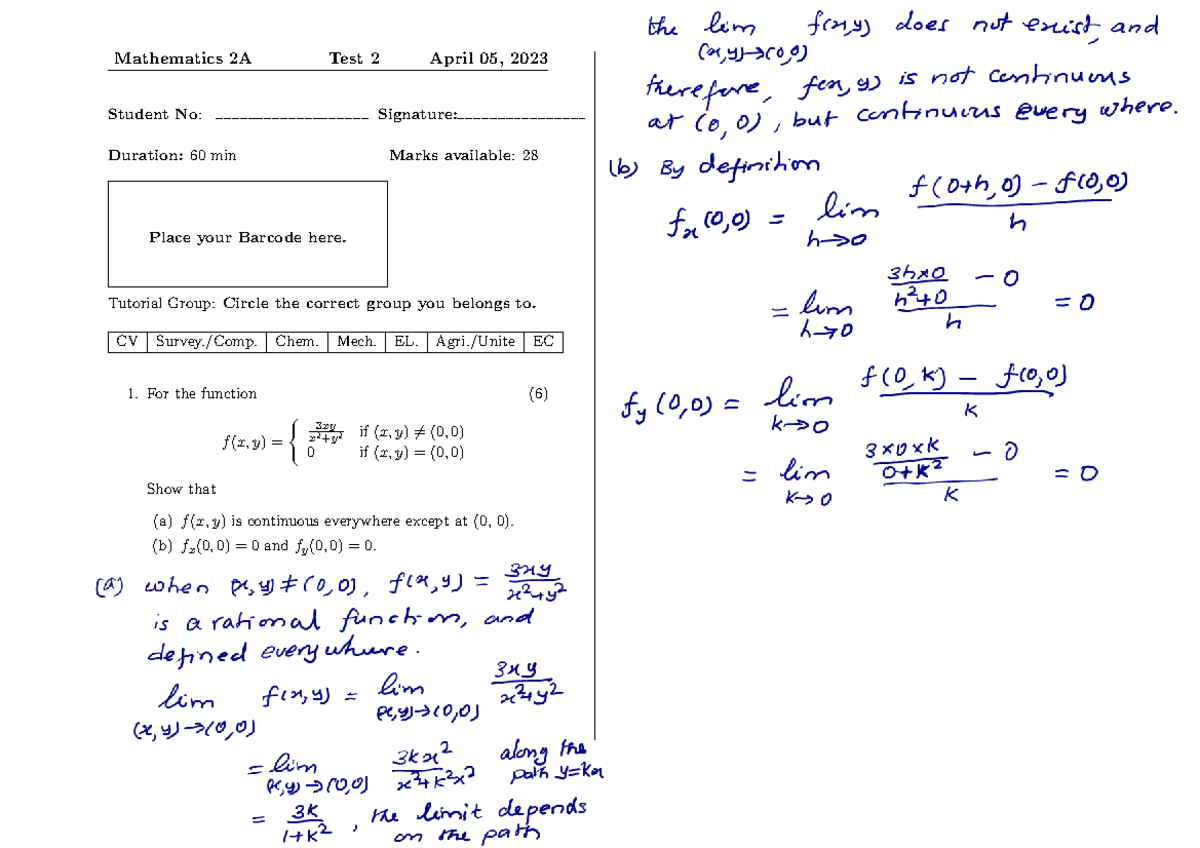 Test2memo1 - Mathematics 2A Test 2 April 05, 2023 Student No: Signature ...