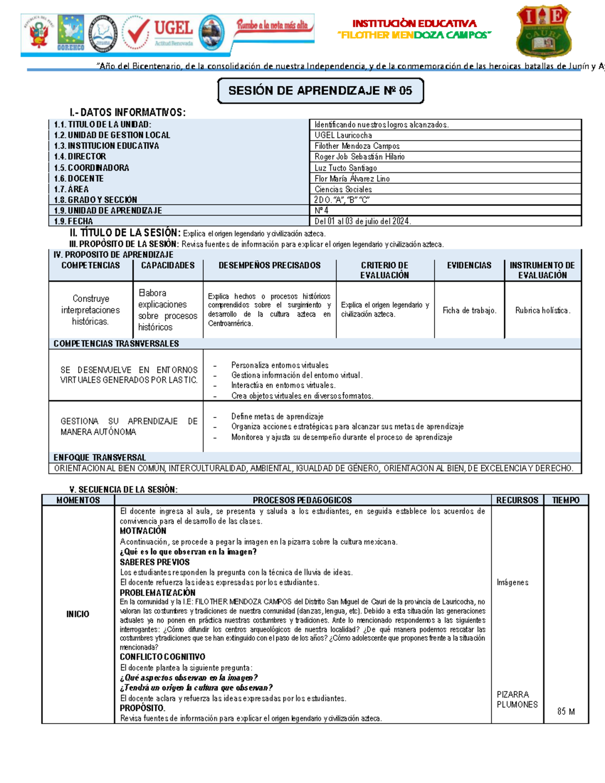 Sesiòn DE Aprendizaje Nº 5 UD 4 2º SEC - INSTITUCIÒN EDUCATIVA “FILOTHER MENDOZA CAMPOS” “Año ...