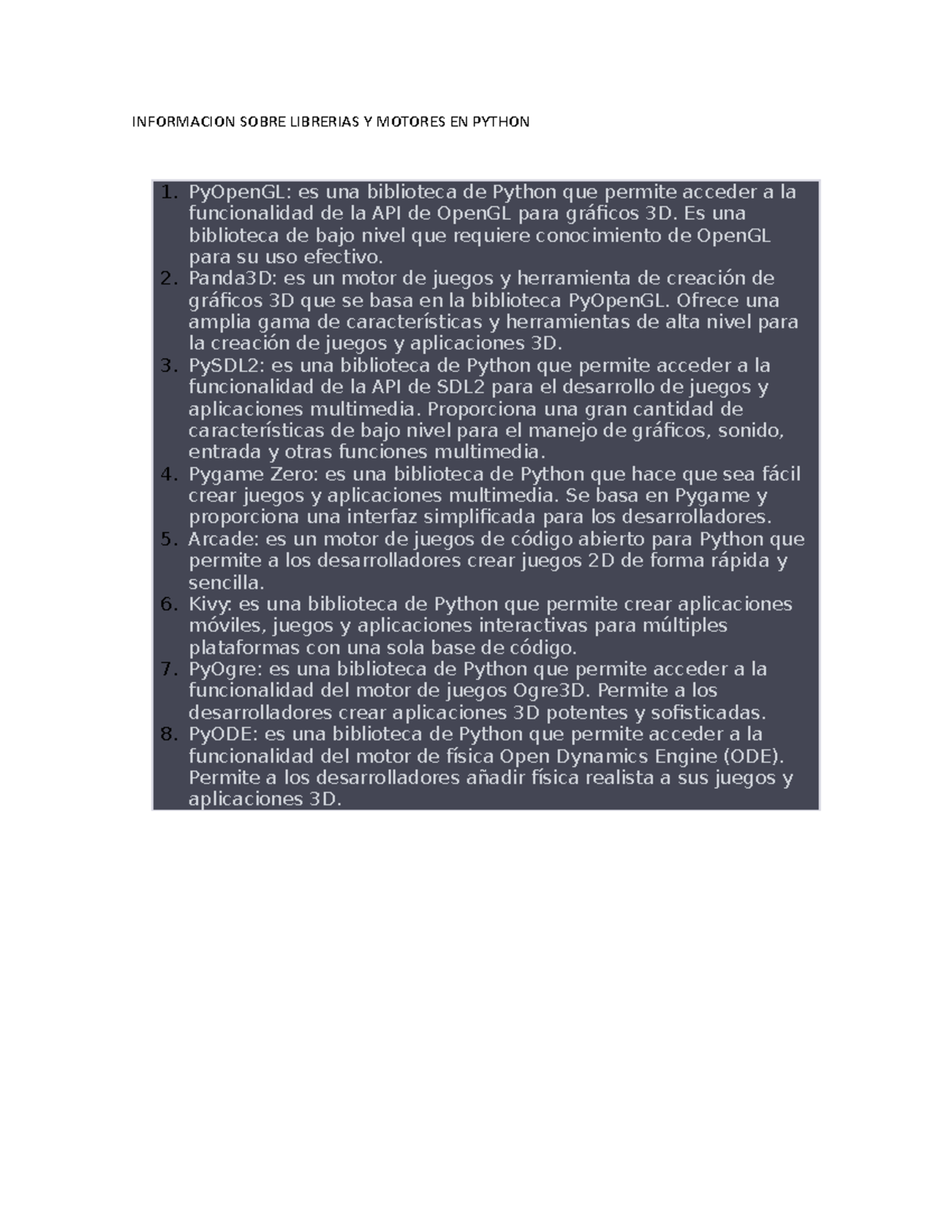 Informacion Sobre Librerias Y Motores EN Python - INFORMACION SOBRE ...