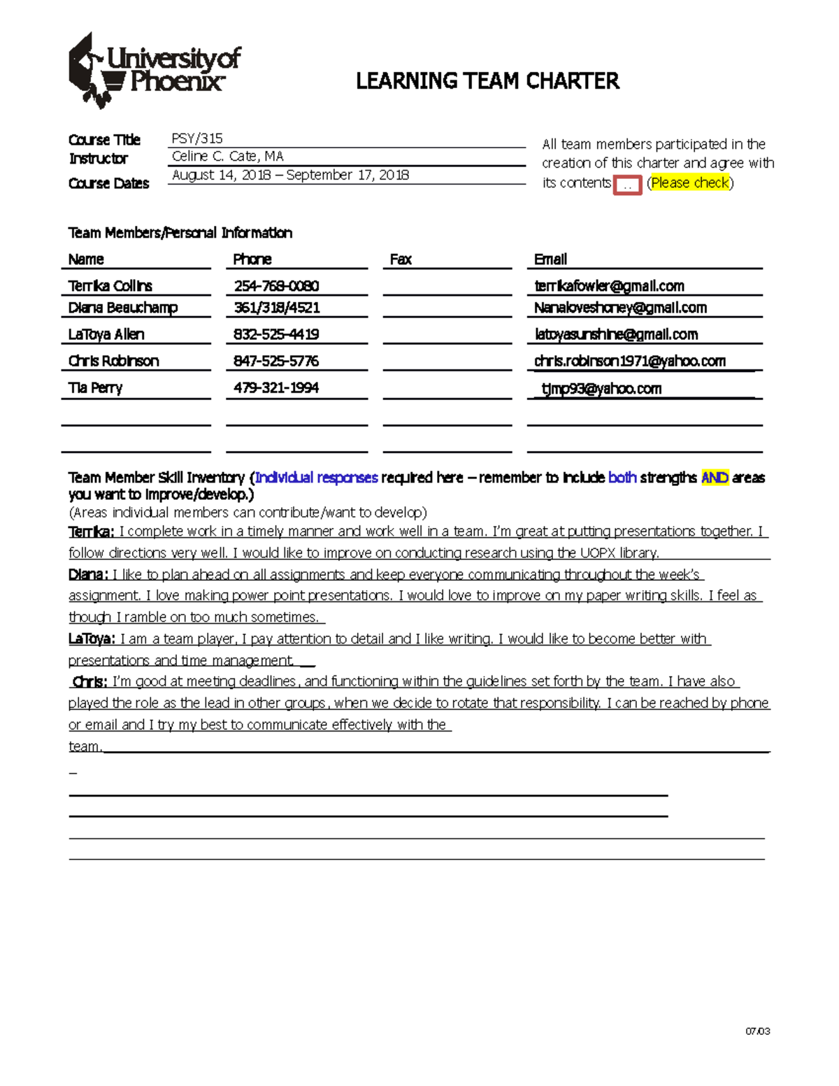 LTCharter New Classroom -1 - LEARNING TEAM CHARTER Course Title PSY/315 ...