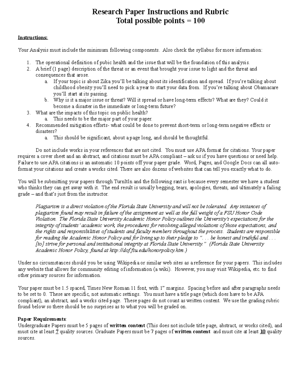 Rubric for Paper - chapter notes - Research Paper Instructions and ...