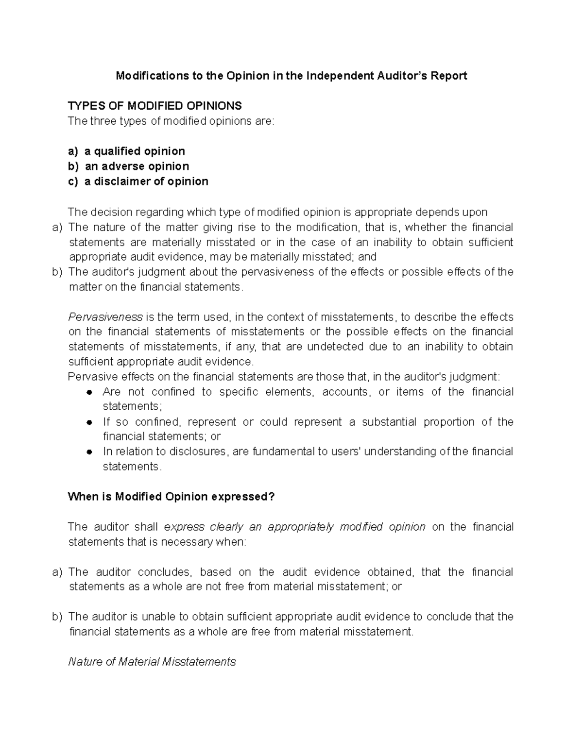 Modifications to the Opinion in the Independent Auditor’s Report ...