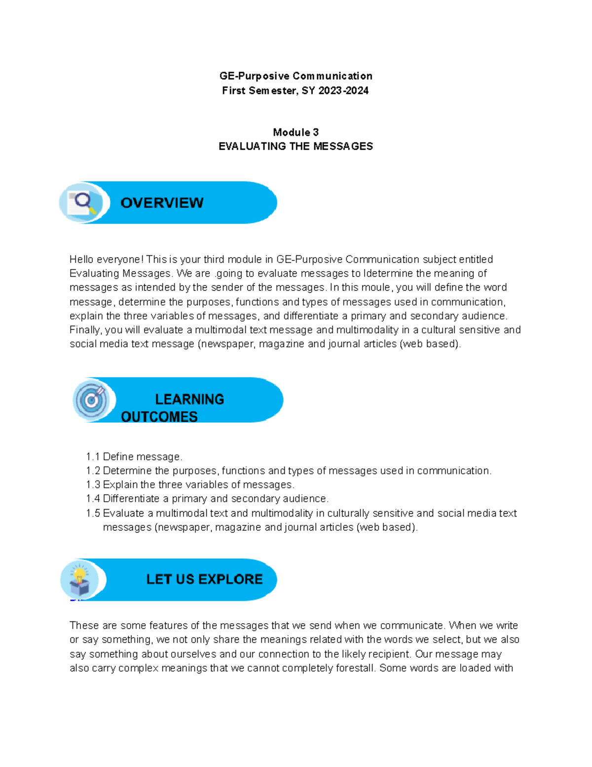 Copy of Module 3 Evaluating Messages - GE-Purposive Communication First ...