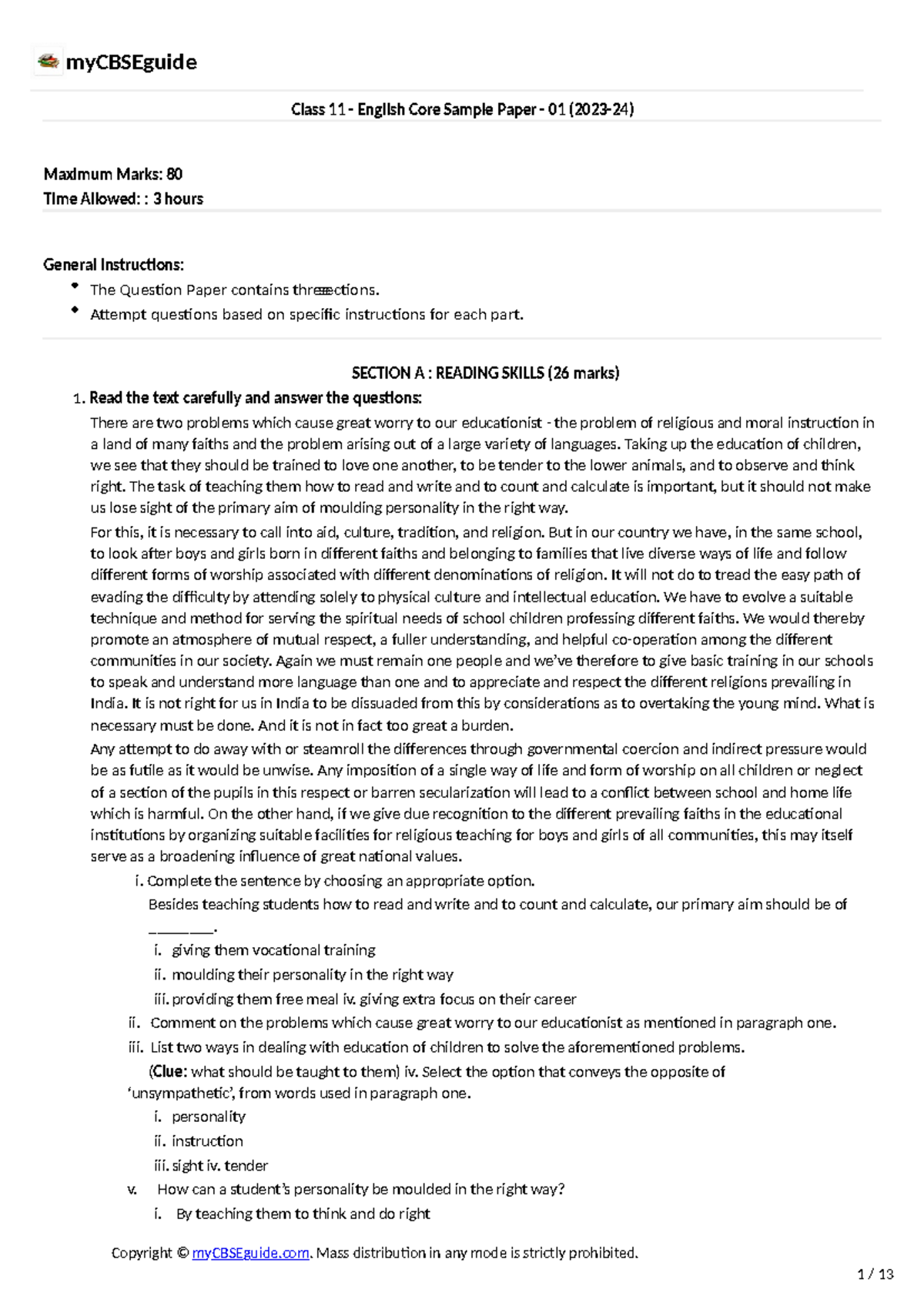 Practice material notes for exams + English - Class 11 - English Core ...