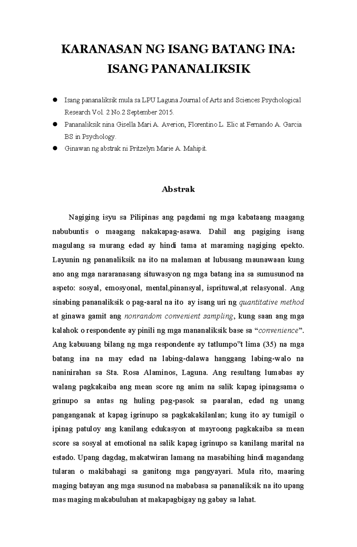 Abstrak Mahipit - KARANASAN NG ISANG BATANG INA: ISANG PANANALIKSIK ...
