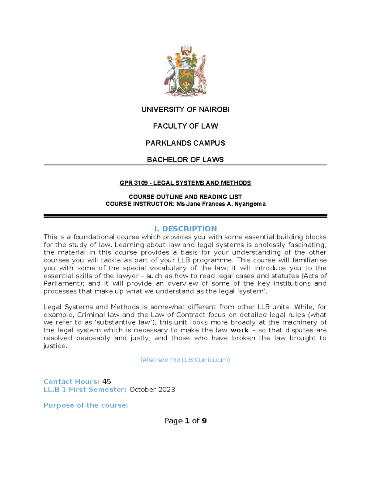 Legal Systems&Methods Course Outline JFN 2023 OCT - UNIVERSITY OF ...