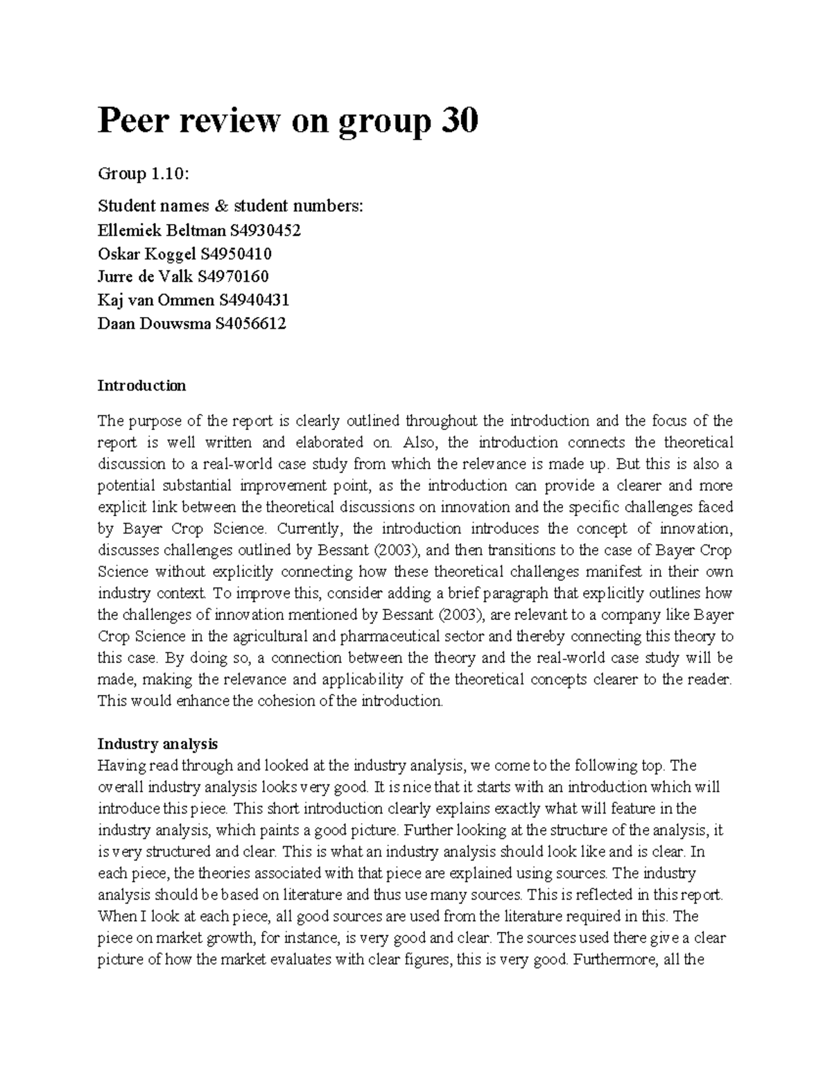 Peer Review group 1 - Peer review on group 30 Group 1: Student names ...