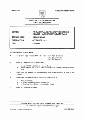 CSC415- December 2019 - ####### CONFIDENTIAL COURSE COURSE CODE EXAMINATION TIME UNIVERSITI ...