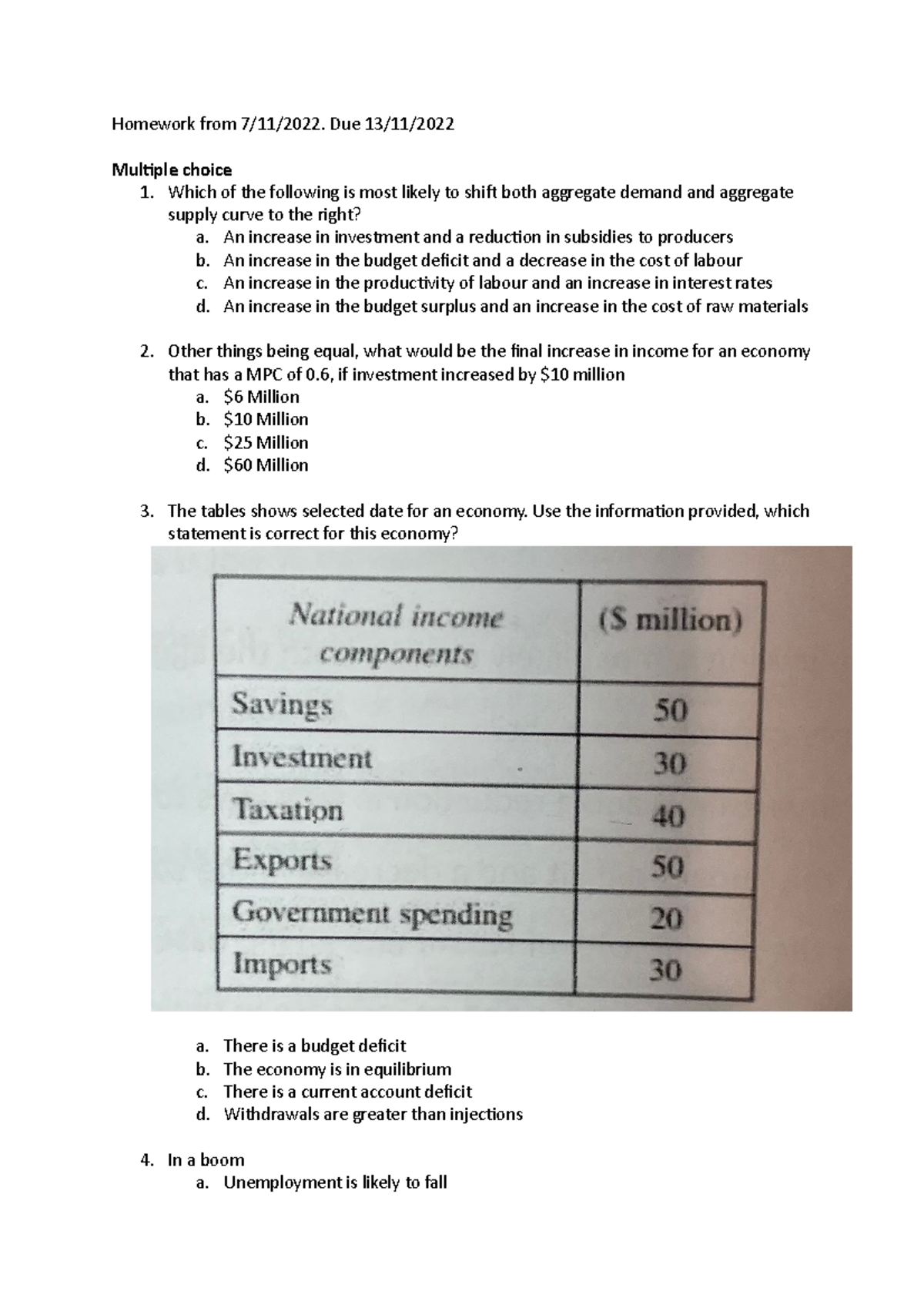 Economic growth homework - Homework from 7/11/2022. Due 13/11/ Multiple ...