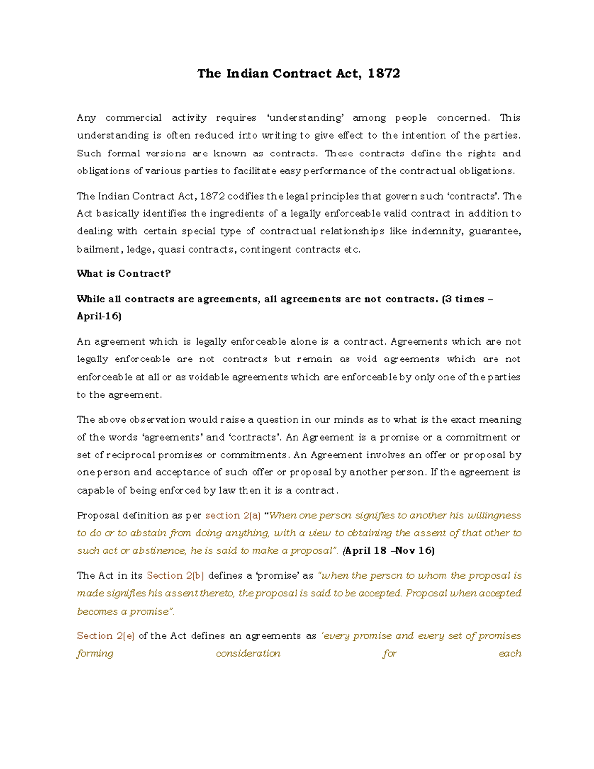 Revision Contract Law paper 1 04 - The Indian Contract Act, 1872 Any ...