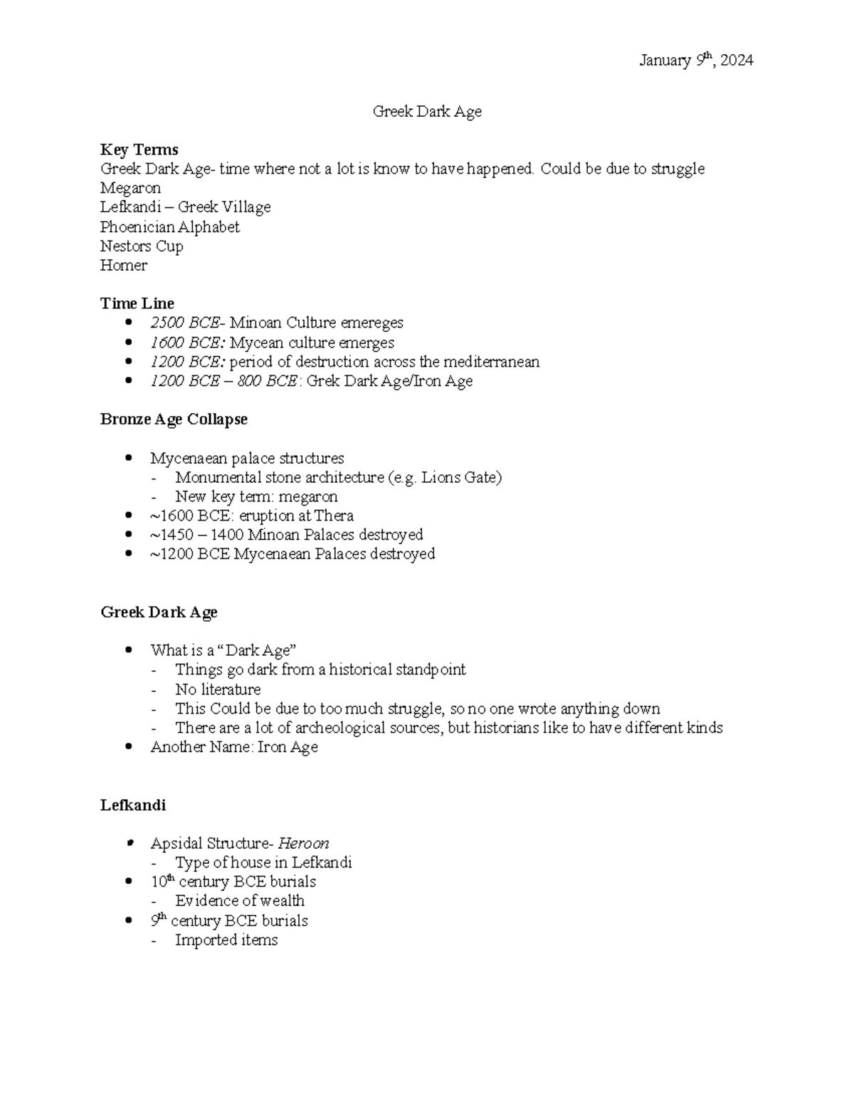 Greek Dark Age - lecture notes - January 9th, 2024 Greek Dark Age Key ...