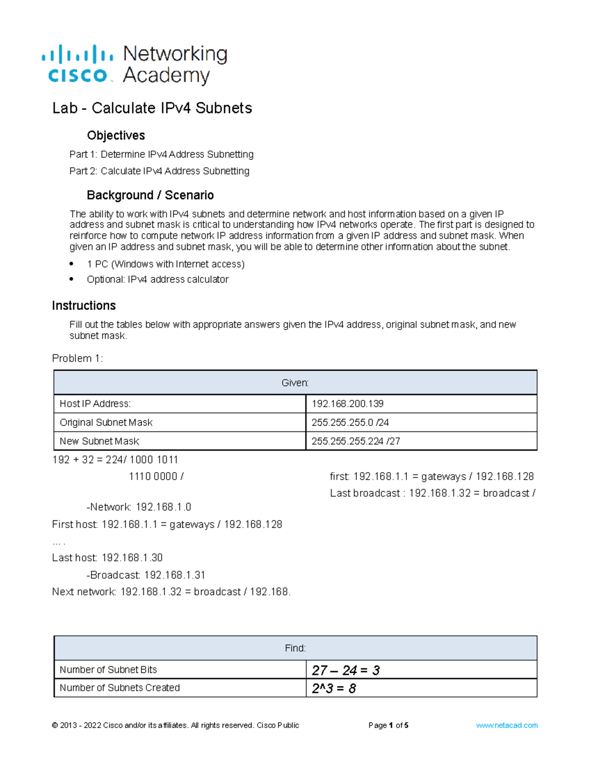 1166 Lab Calculate Ipv4 Subnets Objectives Part 1 Determine Ipv4