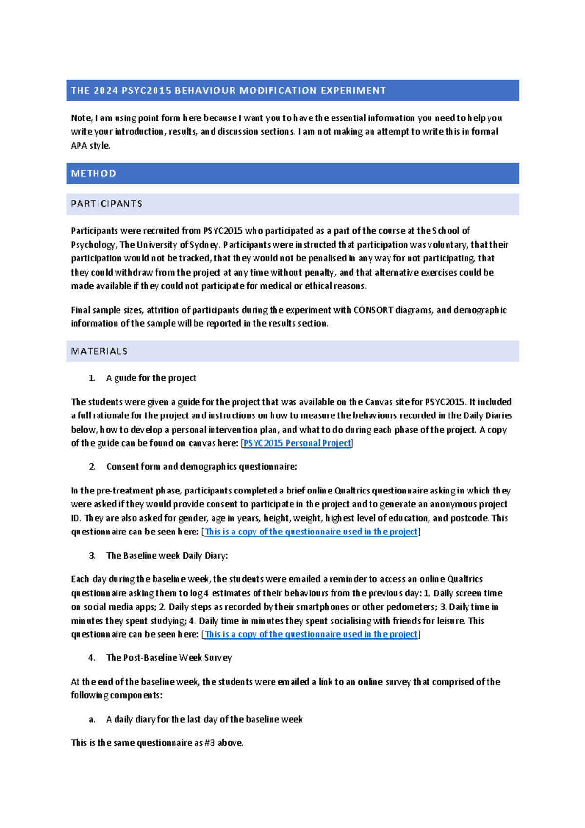 2024 PSYC2015 Methods used in the 2024 PSYC2015 behaviour modification ...
