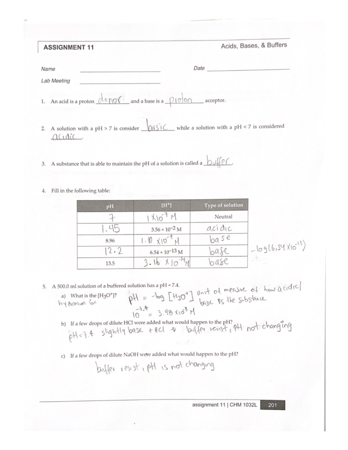 Acidbasebuffersback - book - ASSIGNMENT 11 Acids, Bases, Buffers Name Date Lab Meeting 1. An ...