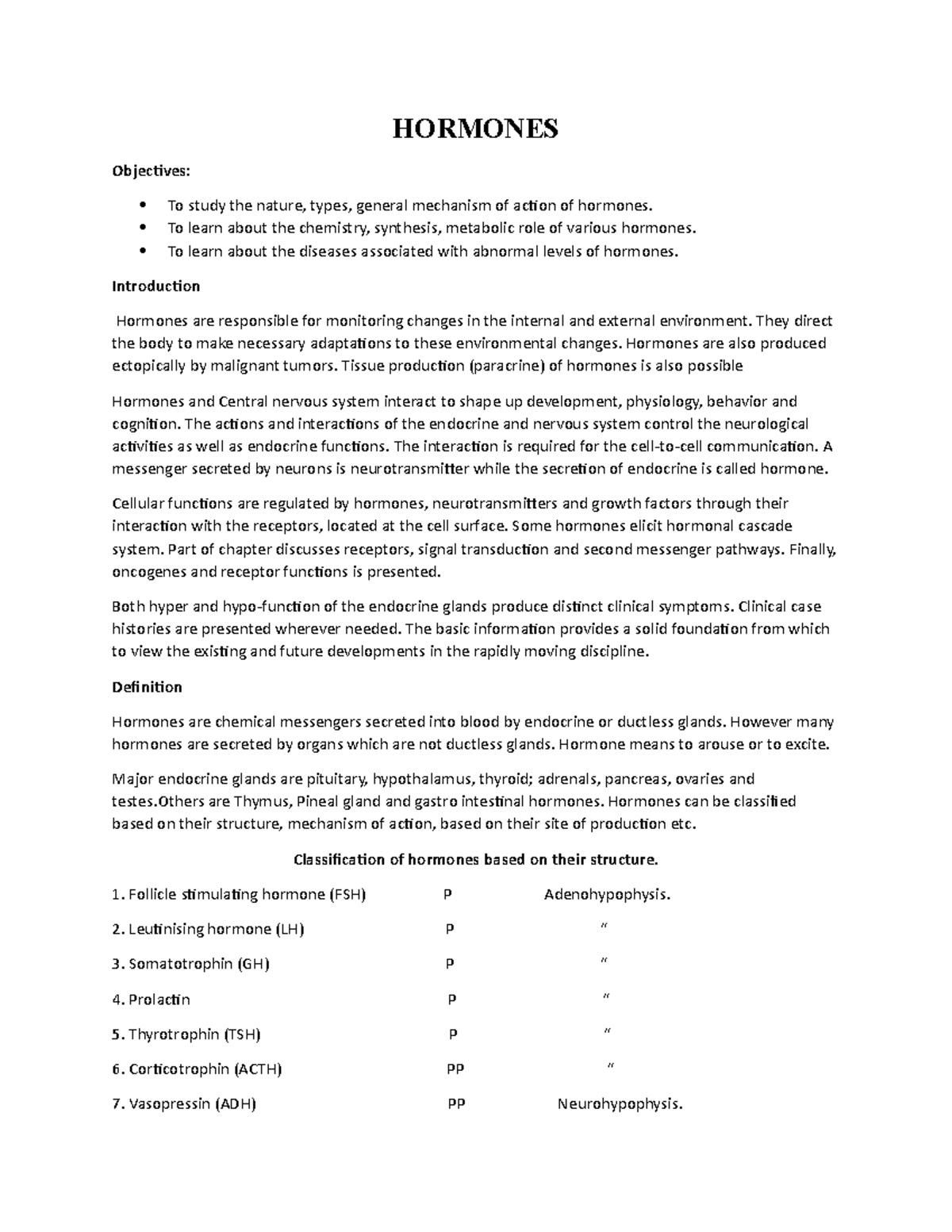 Hormones - Biochemistry - HORMONES Objectives: To study the nature ...