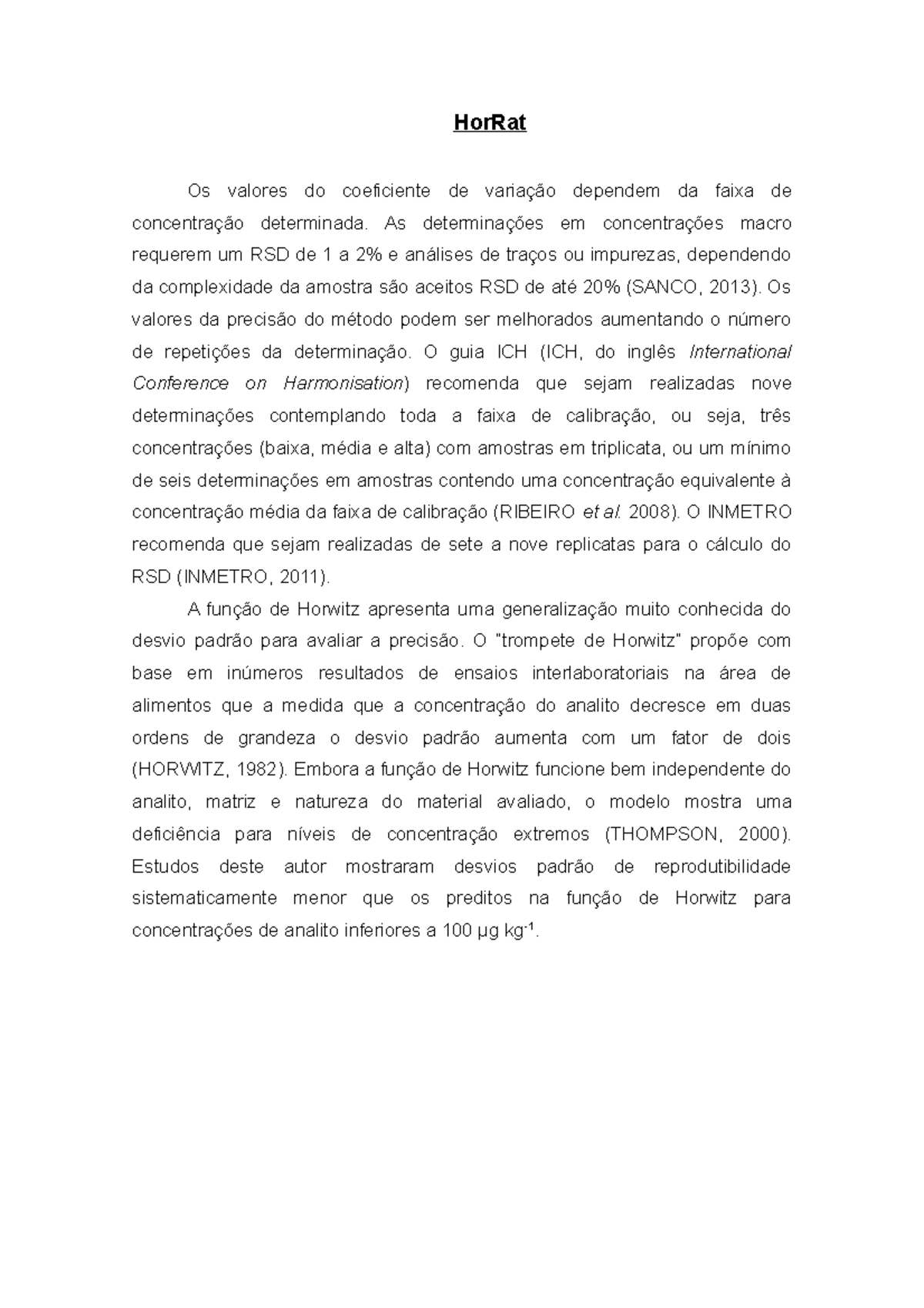 Resumo sobre o Método HorRat - HorRat Os valores do coeficiente de ...