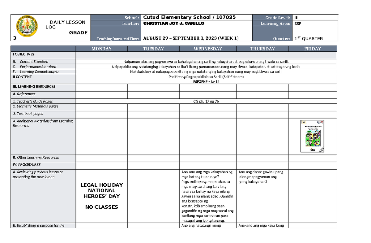 DLL ESP 3 Q1 W1 - dll for lesson - DAILY LESSON LOG GRADE 3 School ...