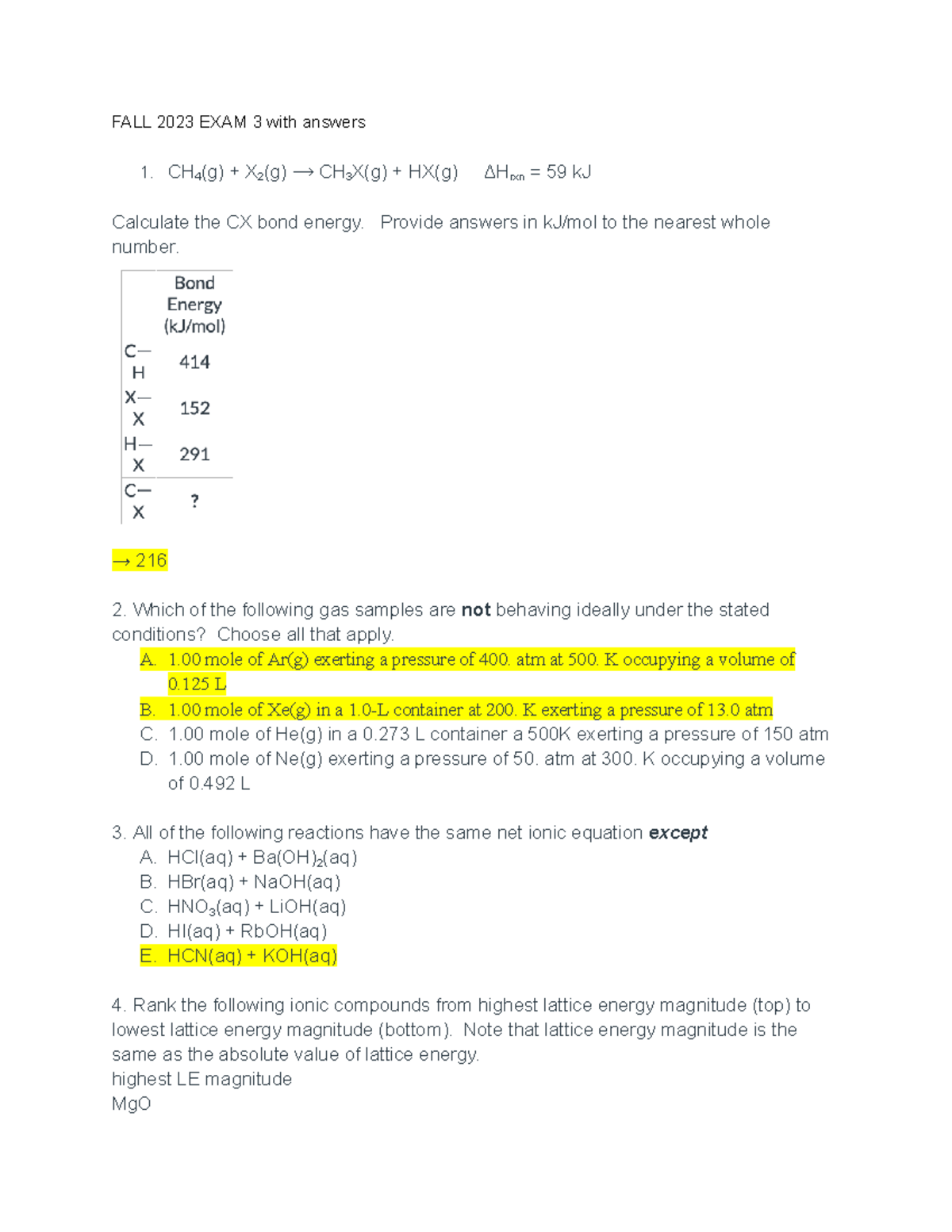 CHEM 161 - Fall 2023 Exam 3 - FALL 2023 EXAM 3 with answers 1. CH 4 (g ...