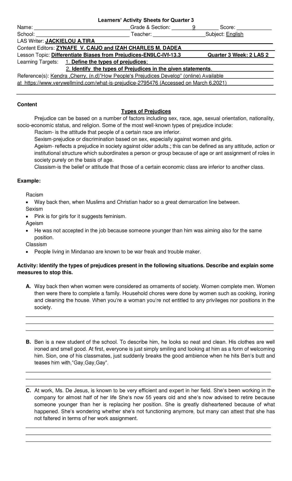 English 9 Quarter 3 WEEK 2 LAS 2 - Learners’ Activity Sheets for ...
