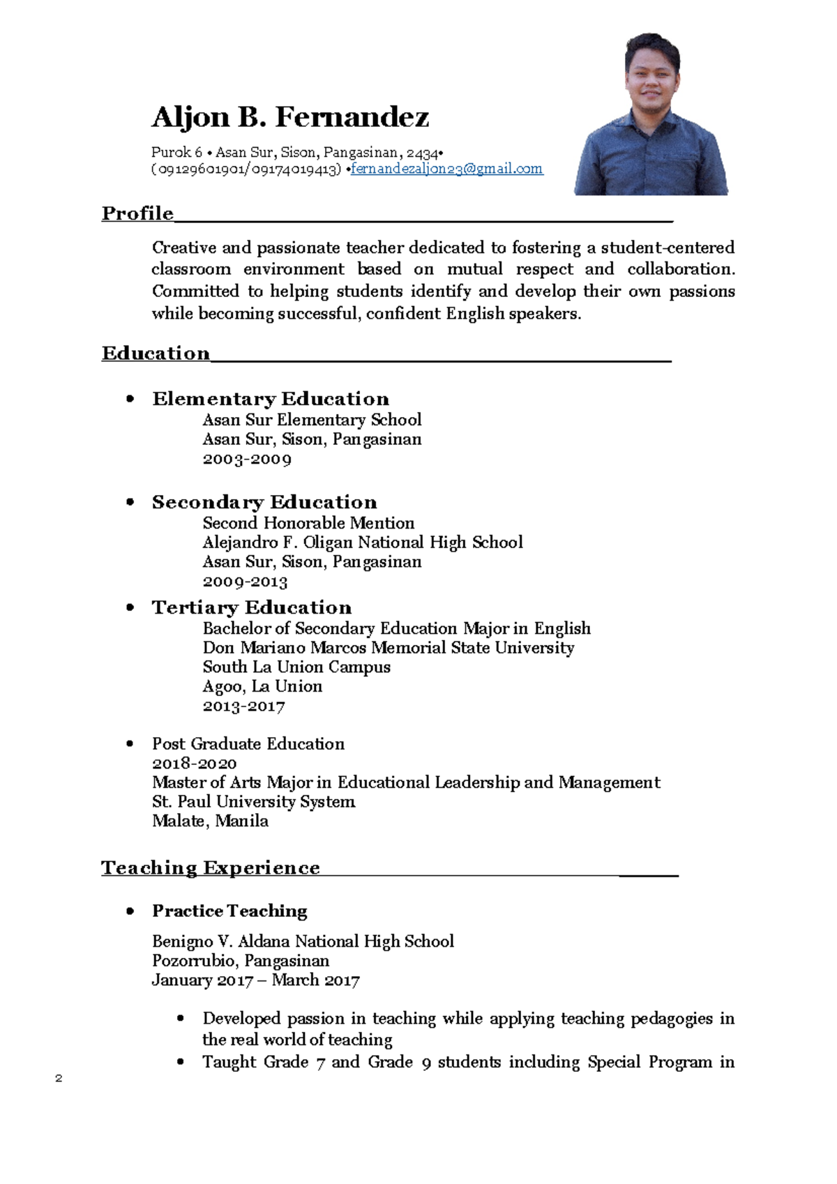 Aljon Fernandez - Resume - Aljon B. Fernandez Purok 6 • Asan Sur, Sison, Pangasinan, 2434• - StuDocu