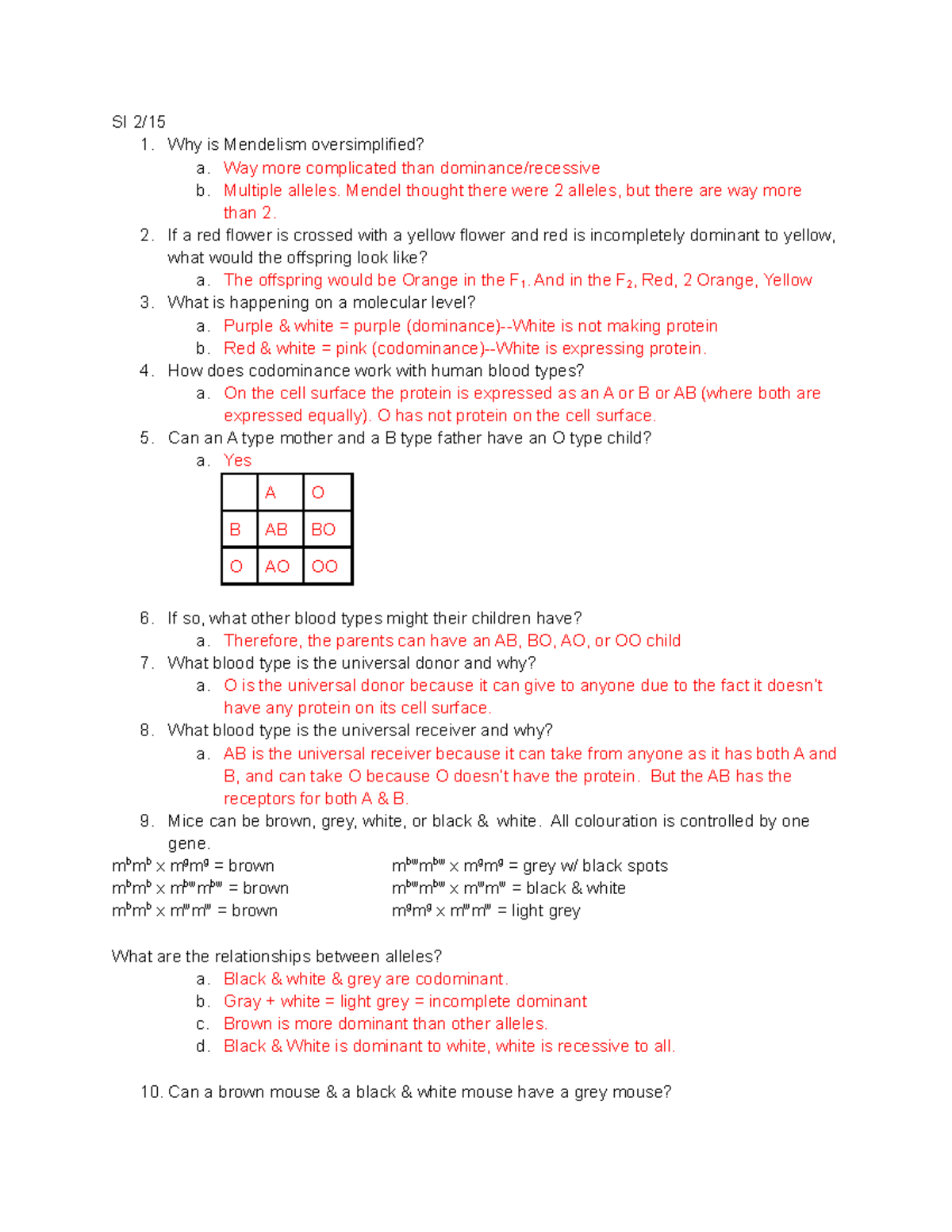 SI Notes Exam 2 - SI 2/15 1. Why is Mendelism oversimplified? a. Way ...