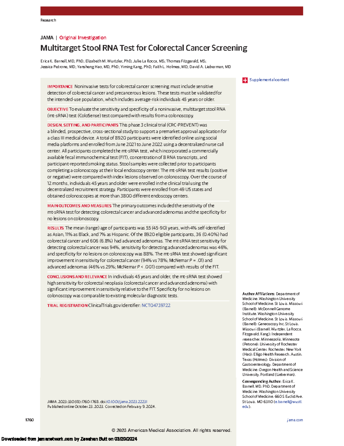 Multitarget Stool RNA Test for Colorectal Cancer Screening - Barnell ...