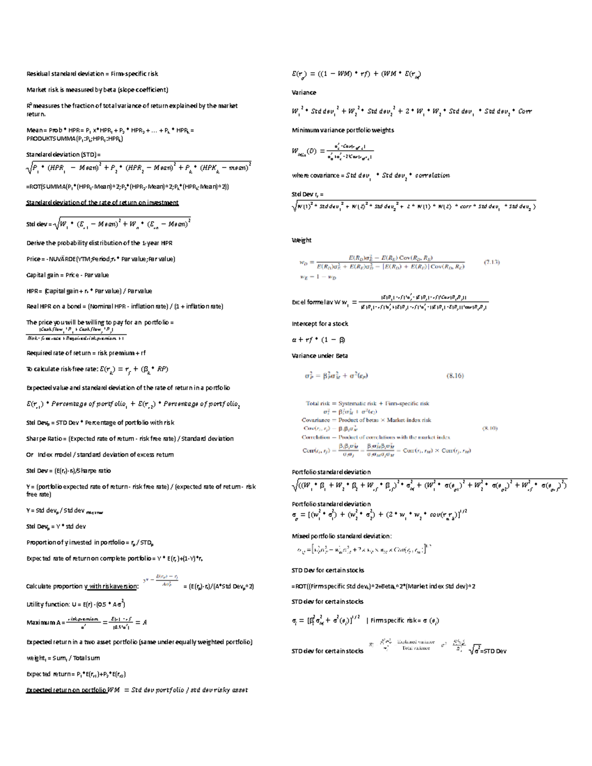 Formulas for portfolio choice theory - Residual standard deviation ...