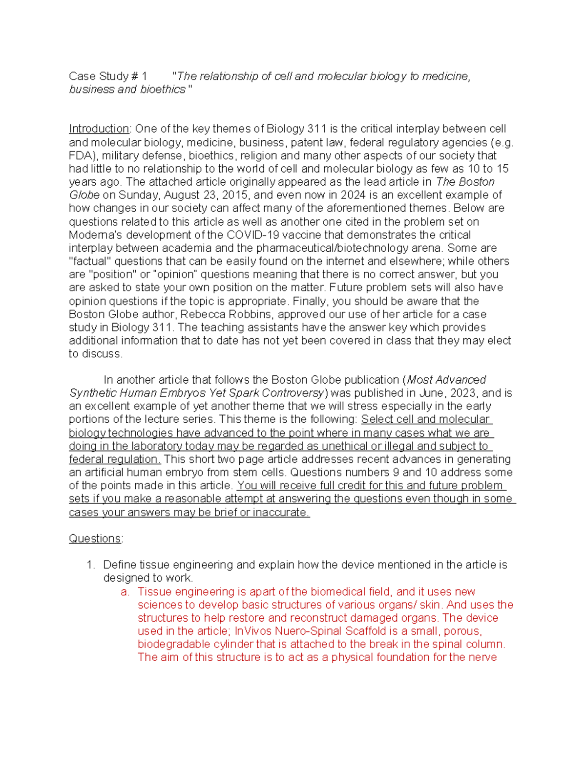 Case Study #1 - Case Study # 1 "The relationship of cell and molecular ...