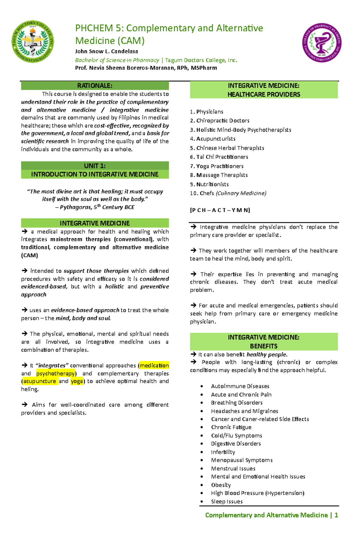 Ph Chem 5 Midterms - Medicine (CAM) John Snow L. Candelasa Bachelor of ...