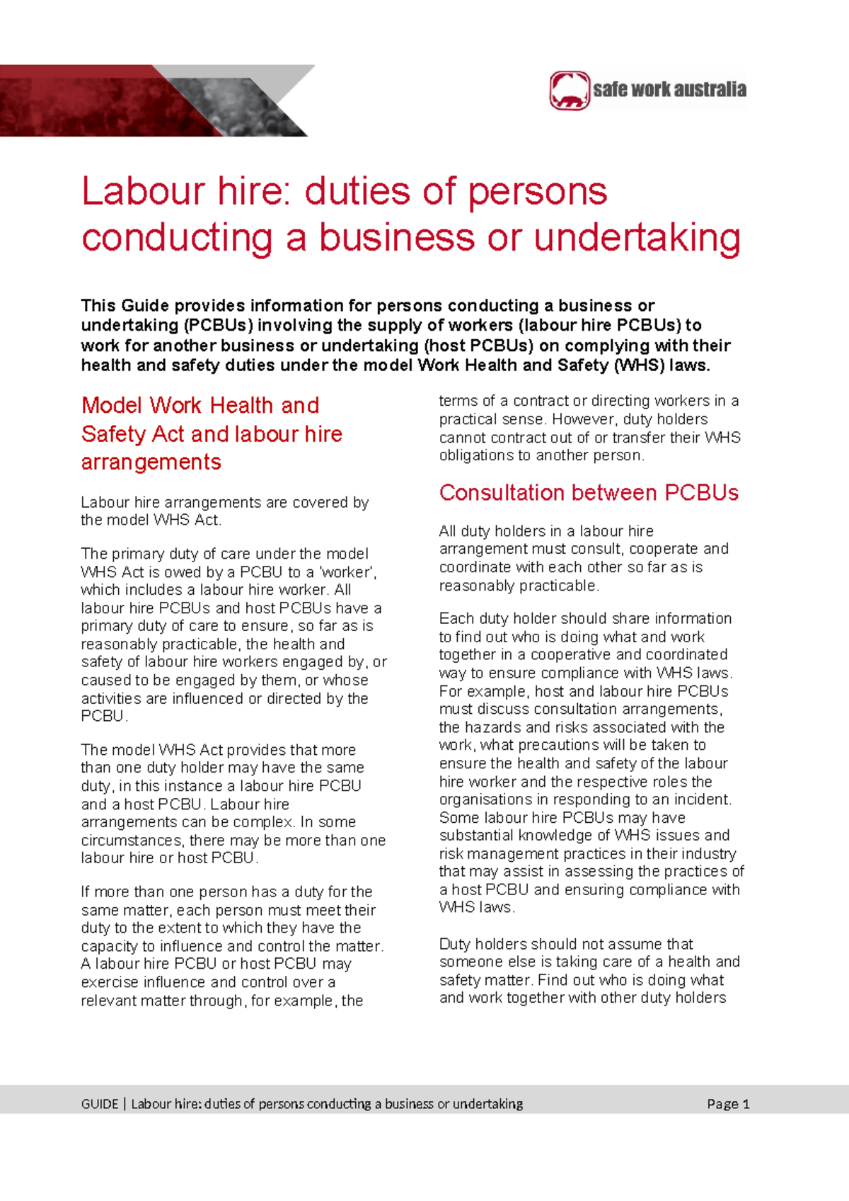 Labour hire - xxxxxxx - Labour hire: duties of persons conducting a ...